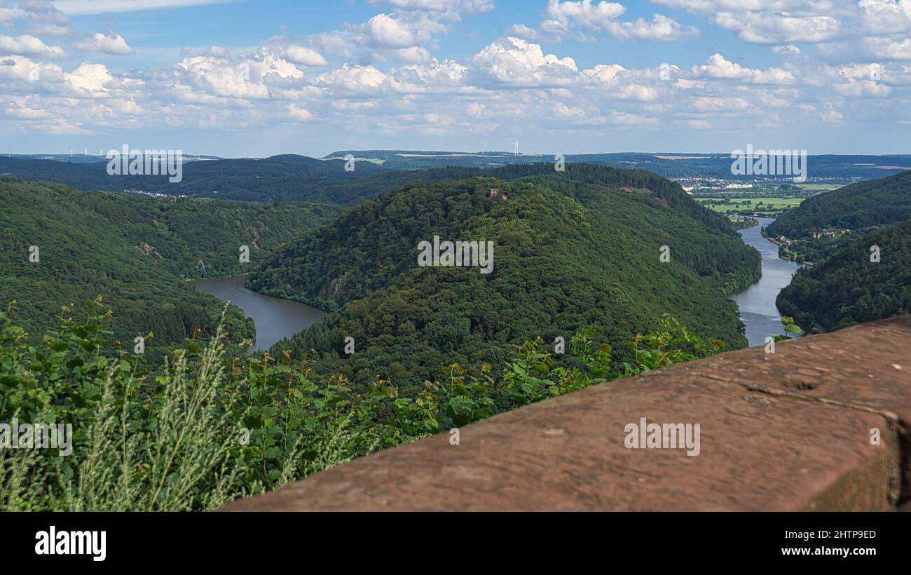 Saarschleife view from tree top walk tower. A lookout tower in Saarland ...