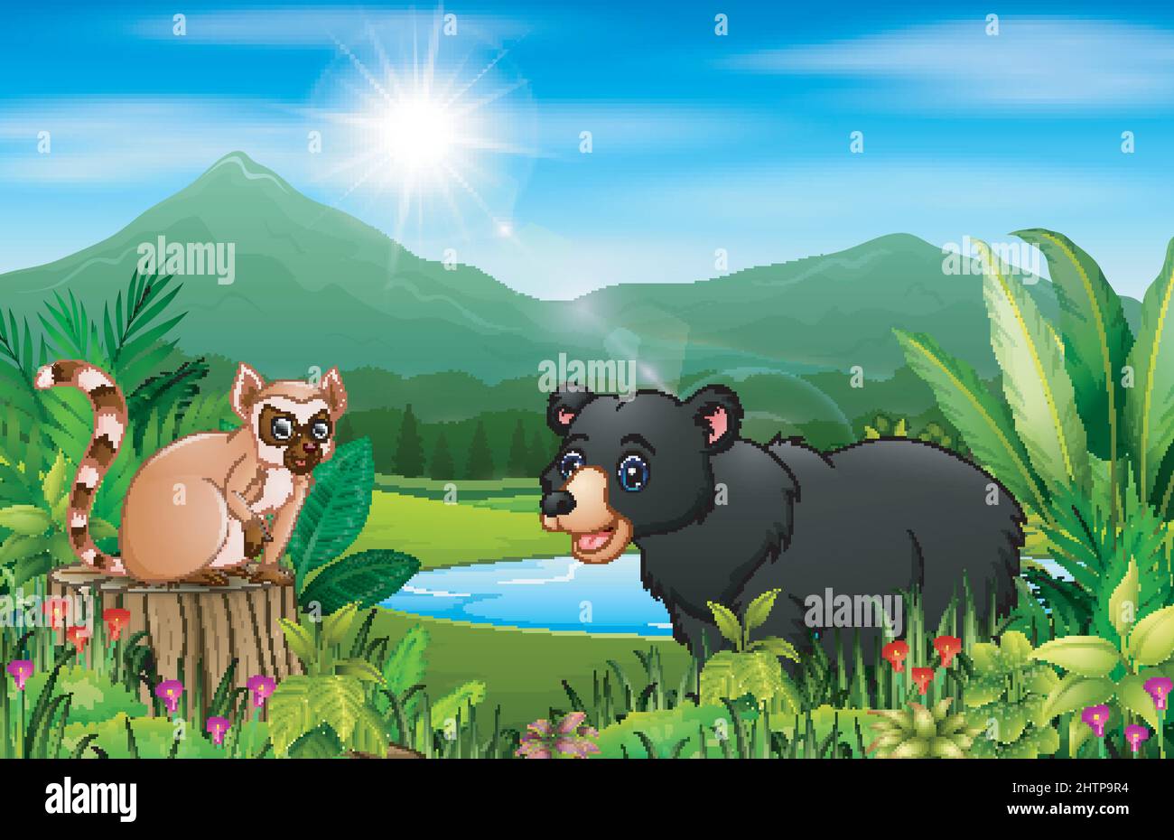 Cartoon bear and lemur in the beautiful landscape Stock Vector Image ...