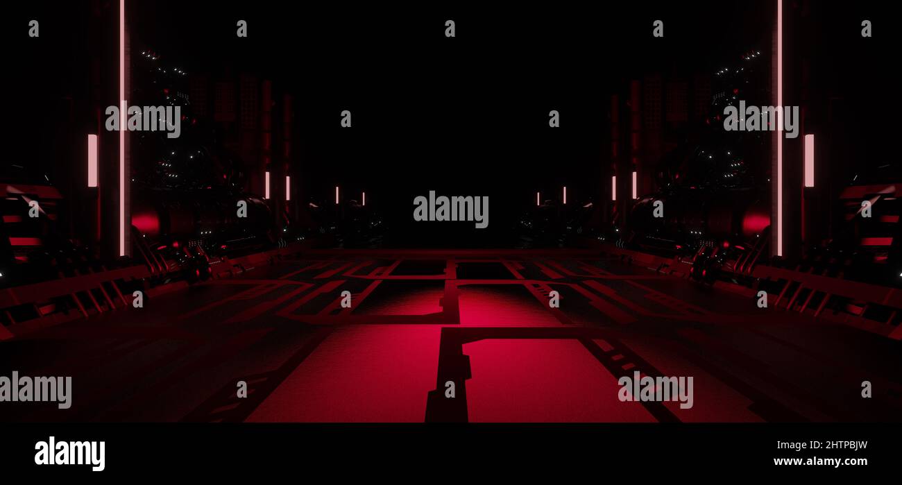 Empty scene background. Dark background of empty room, neon red light ...