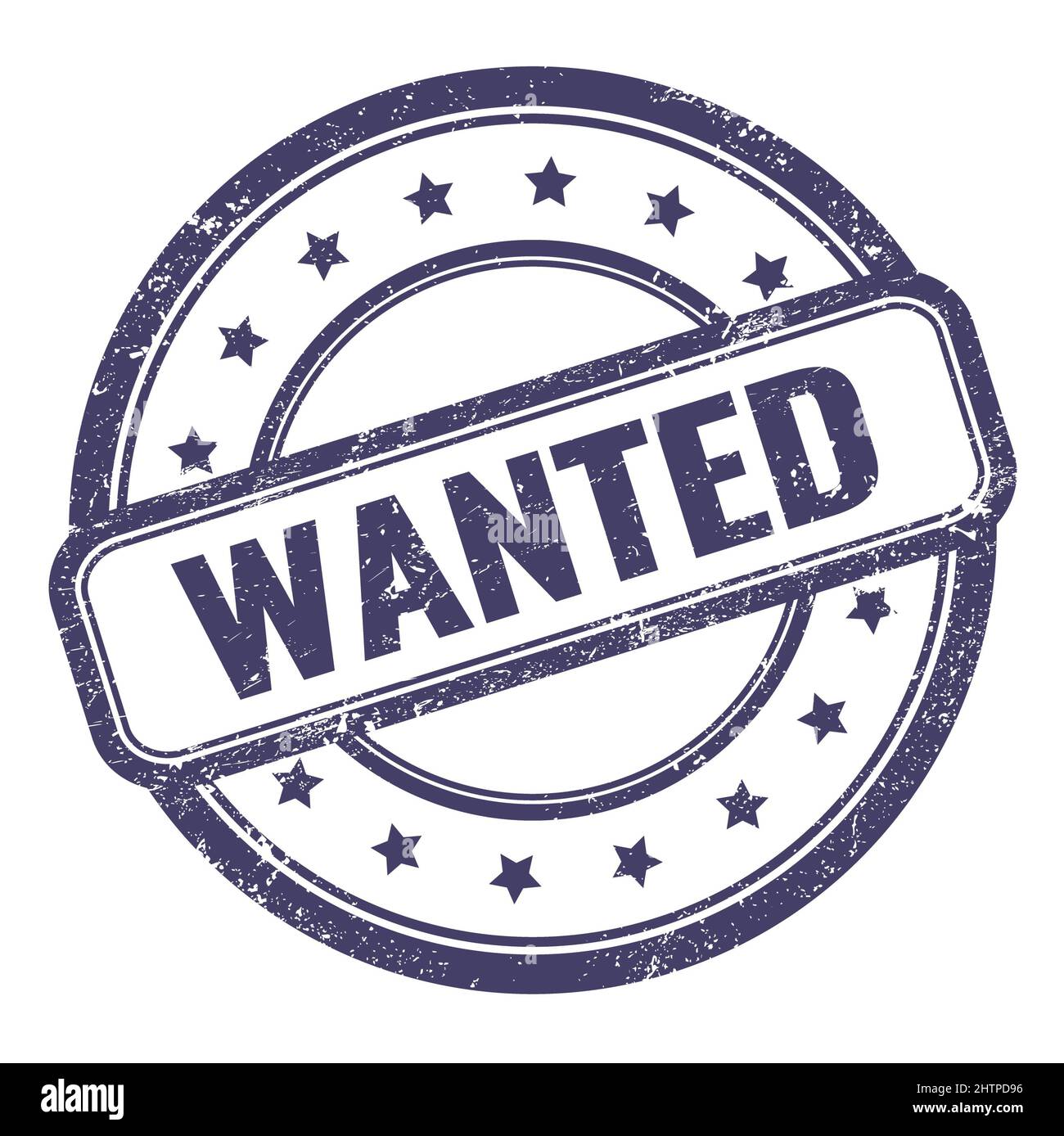 WANTED text on indigo blue grungy vintage round rubber stamp Stock ...
