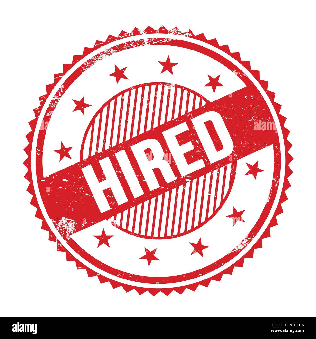 HIRED text written on red grungy zig zag borders round stamp Stock ...