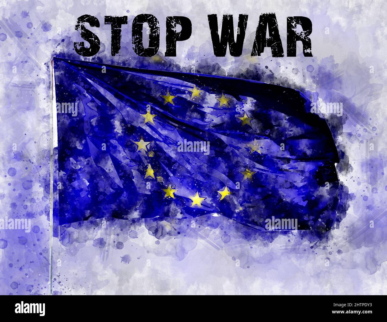 National flag of European Union on a flagpole. Watercolor Illustration ...