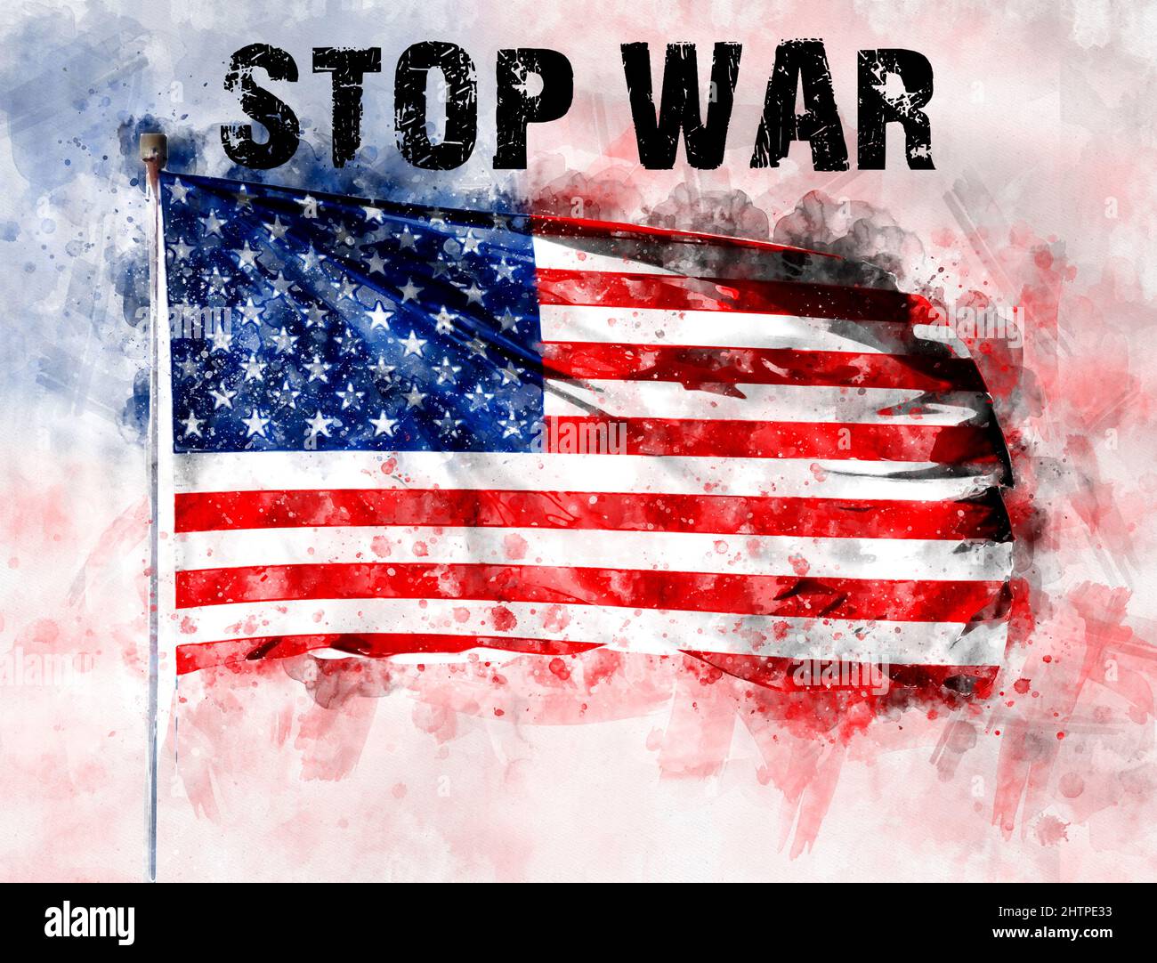 National flag of America on a flagpole. Watercolor Illustration with ...