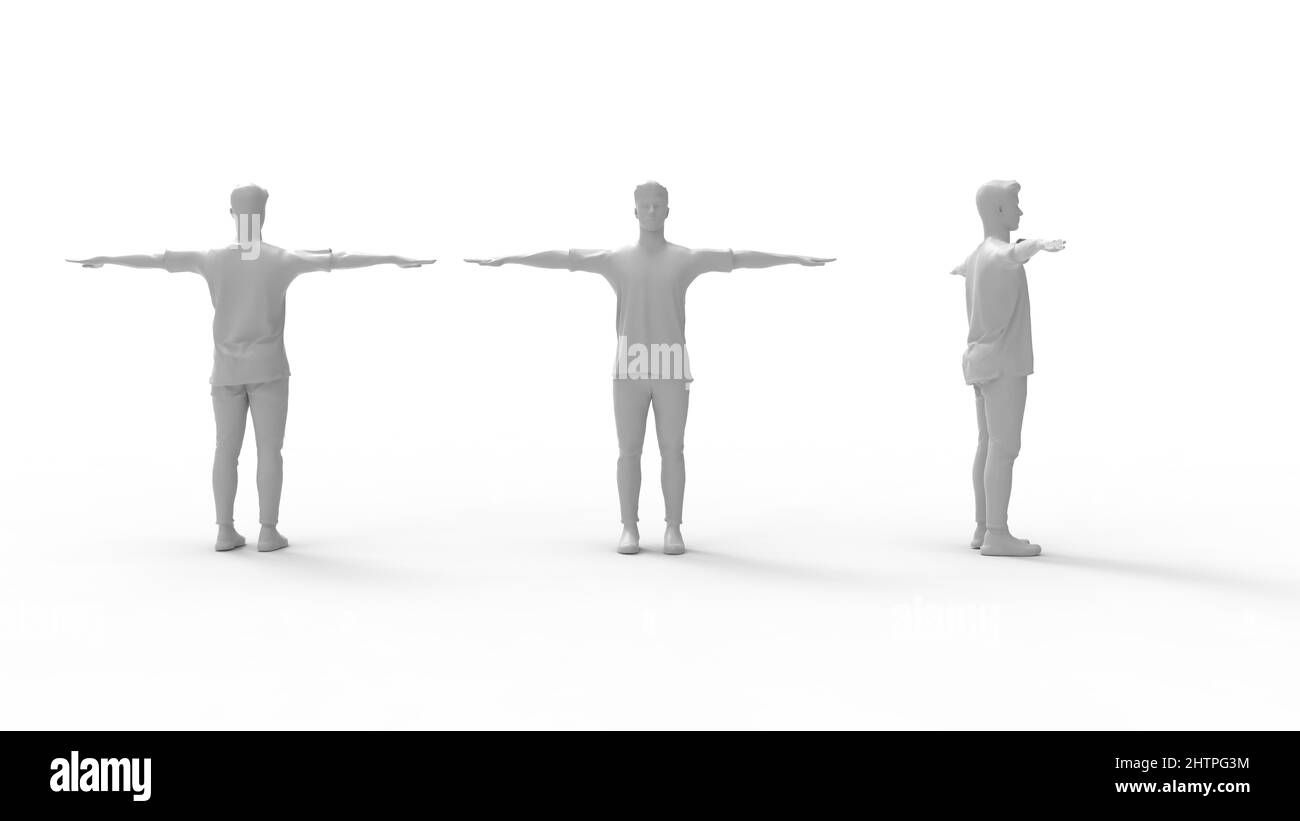 3D rendering of a casual man front side and back view. Arms spread ...