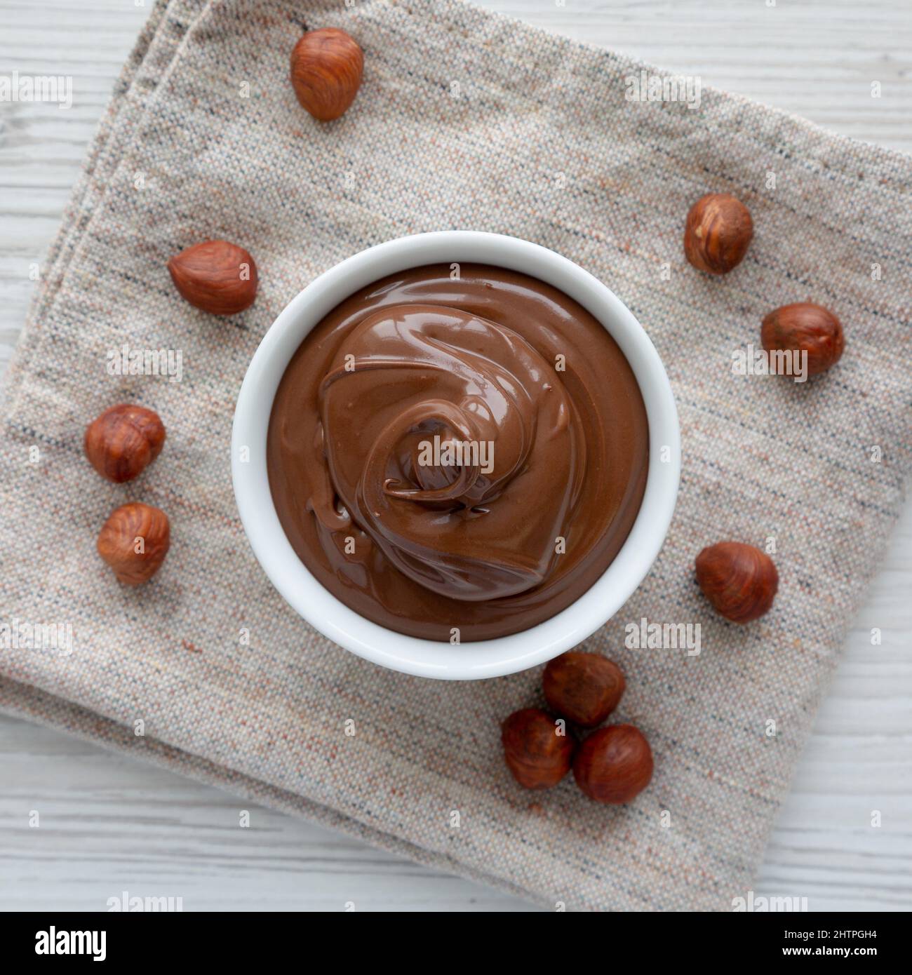 Homemade Chocolate Hazelnut Spread in a Bowl, top view. From above ...