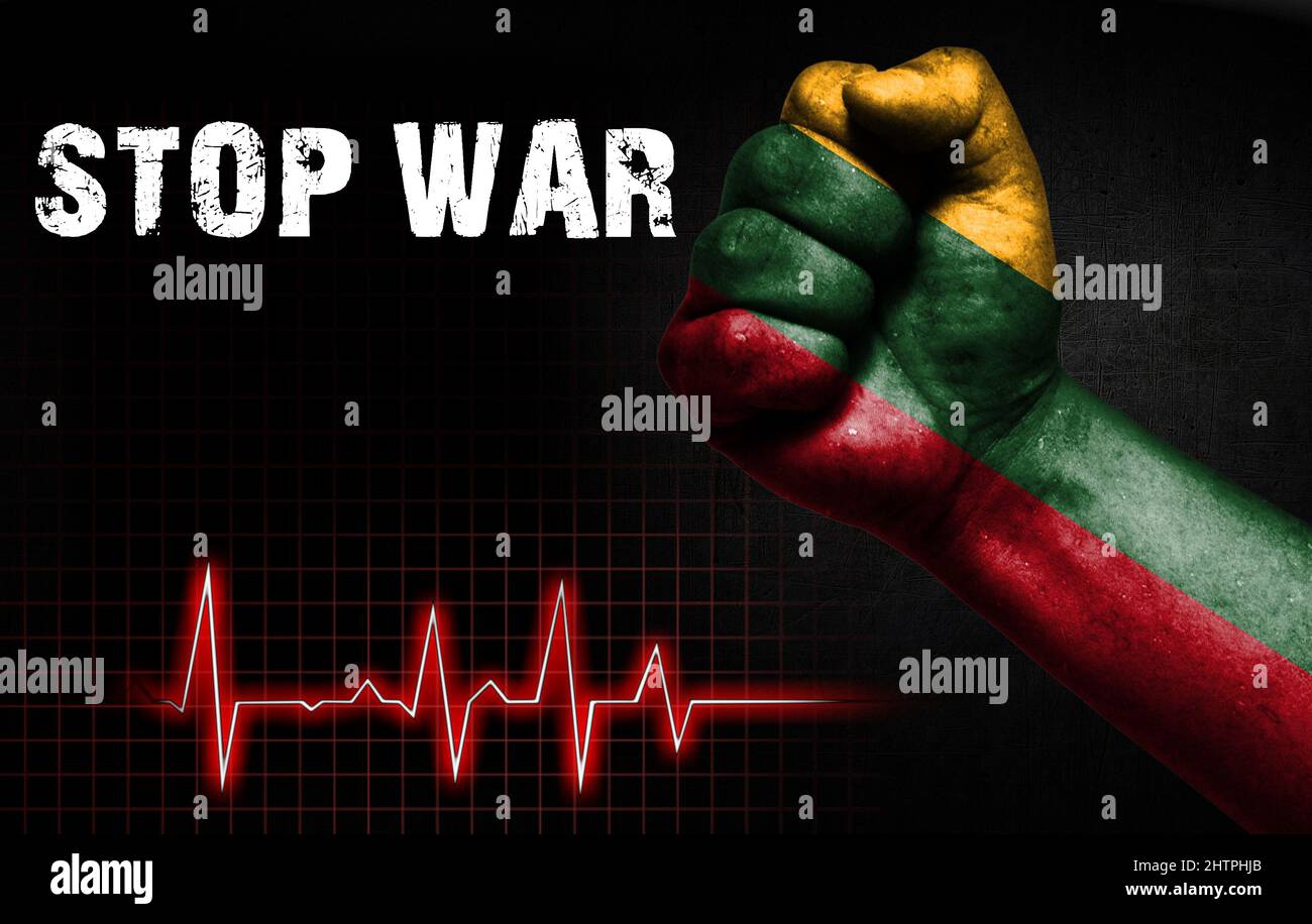 Flag of Lithuania painted on male fist with the caption stop war, the ...