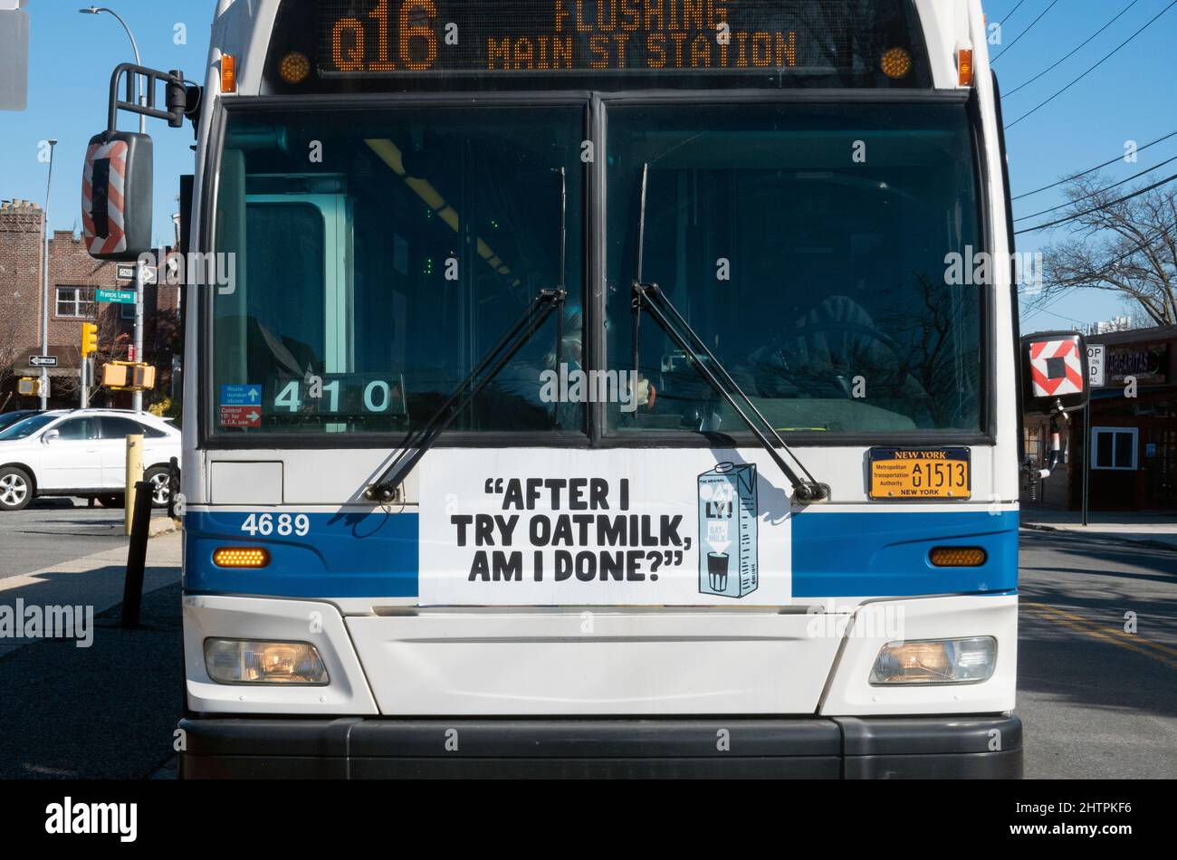 A quirky funny irreverent Oatly oat milk ad on the front of a New York ...
