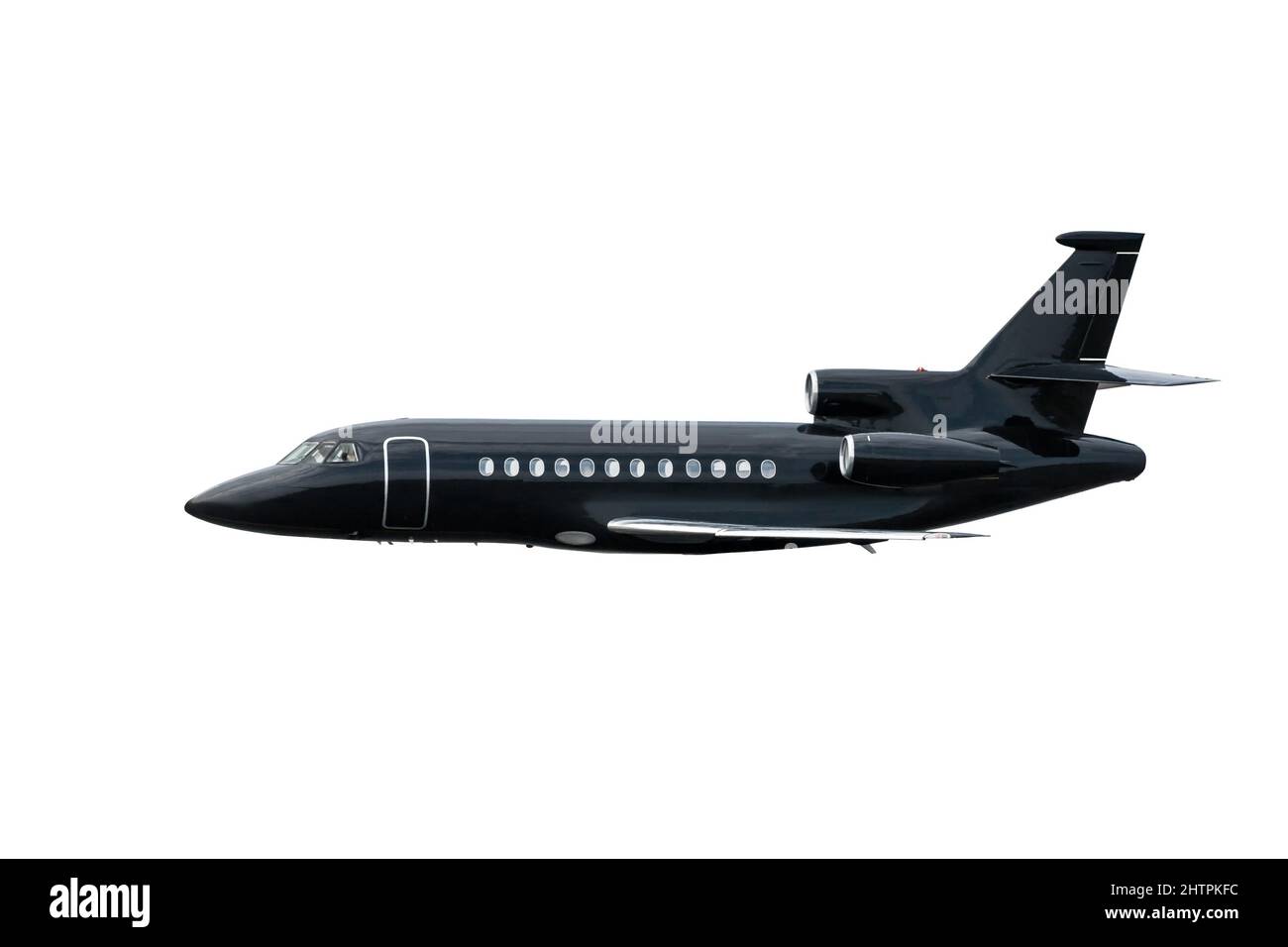 Modern black executive luxury business jet flies isolated on white ...