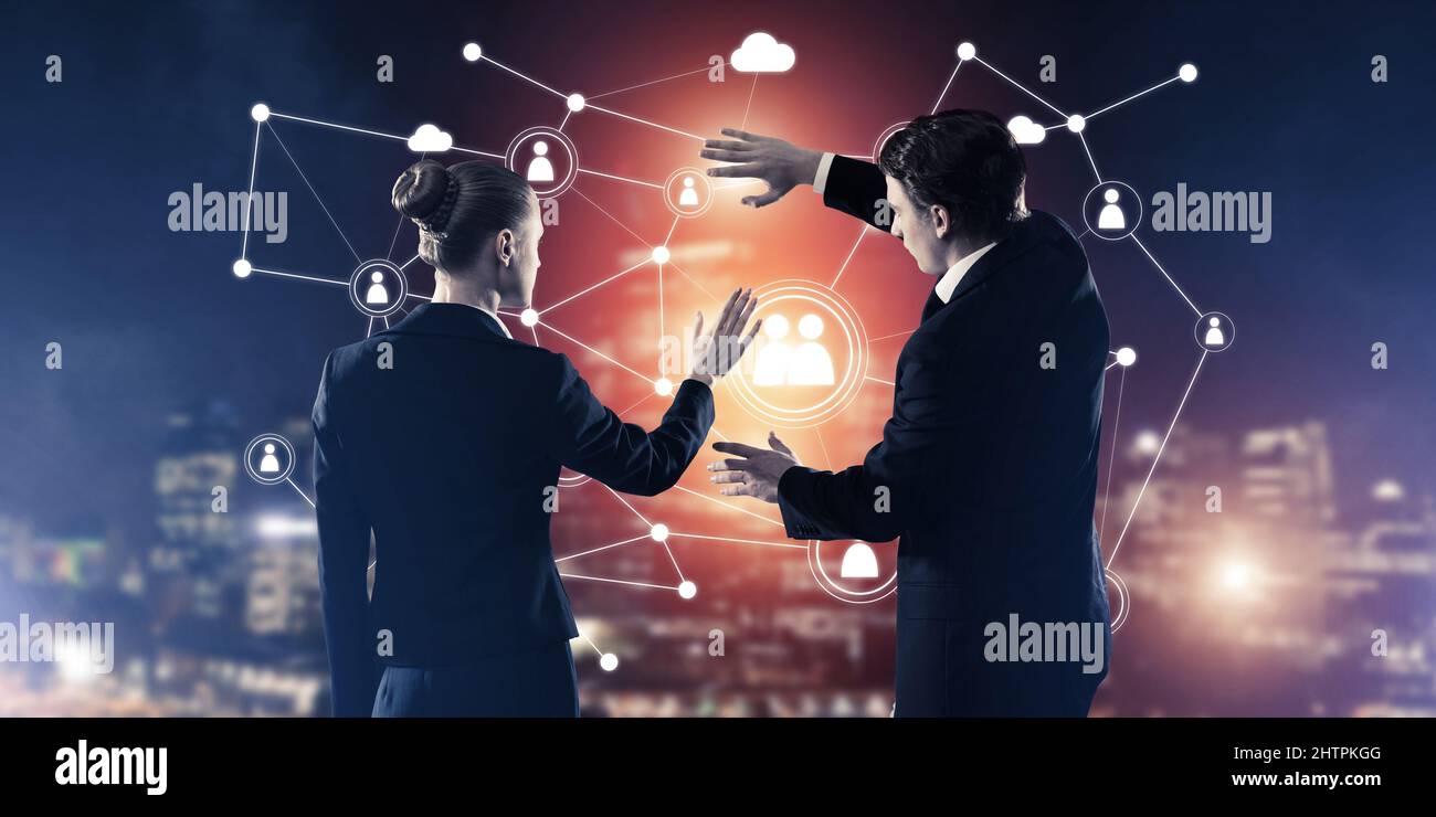 Concept of social connection and networking against night city view and ...