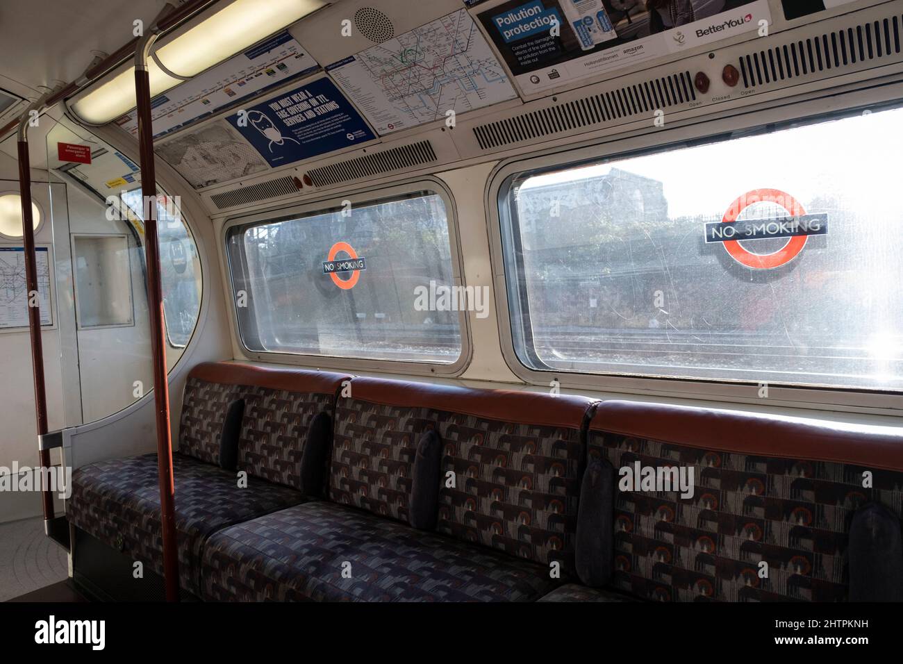 Empty interior of a Bakerloo Line London underground train on 5th ...