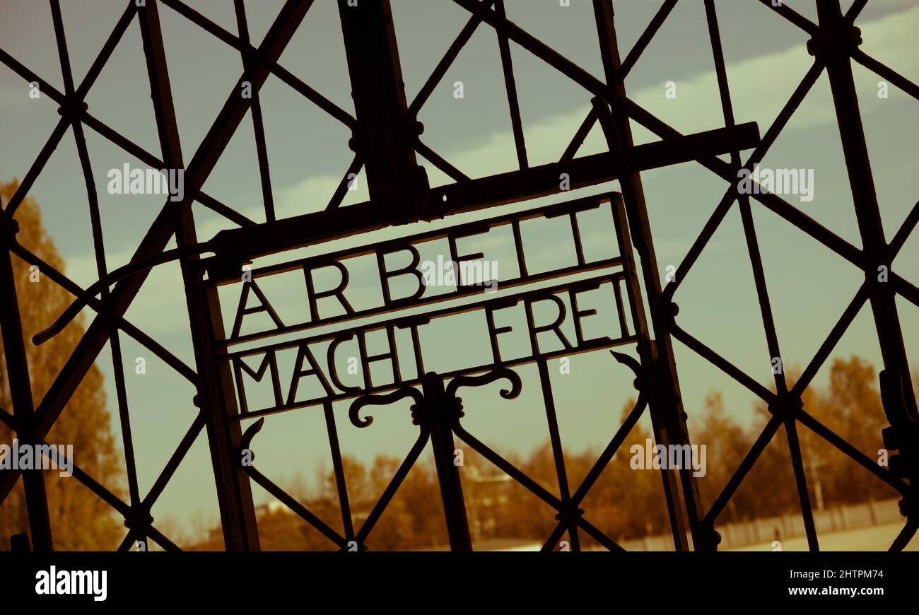 Arbeit Macht Frei gate sign at Dachau Concentration Camp, Bavaria ...