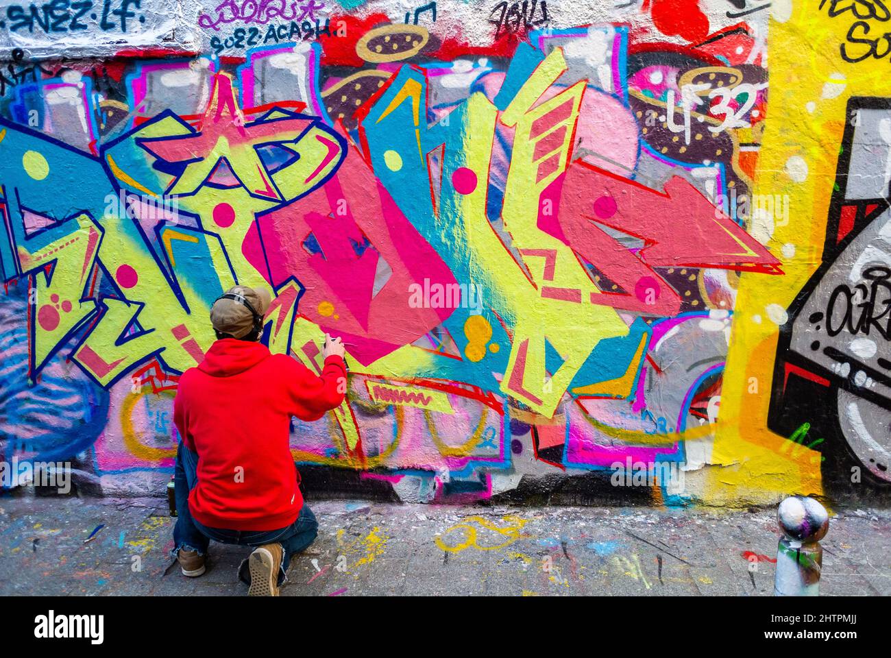 Paris, France, Graffer Painting Wall Street Art in Belleville, modernist graphic, abstract art ...