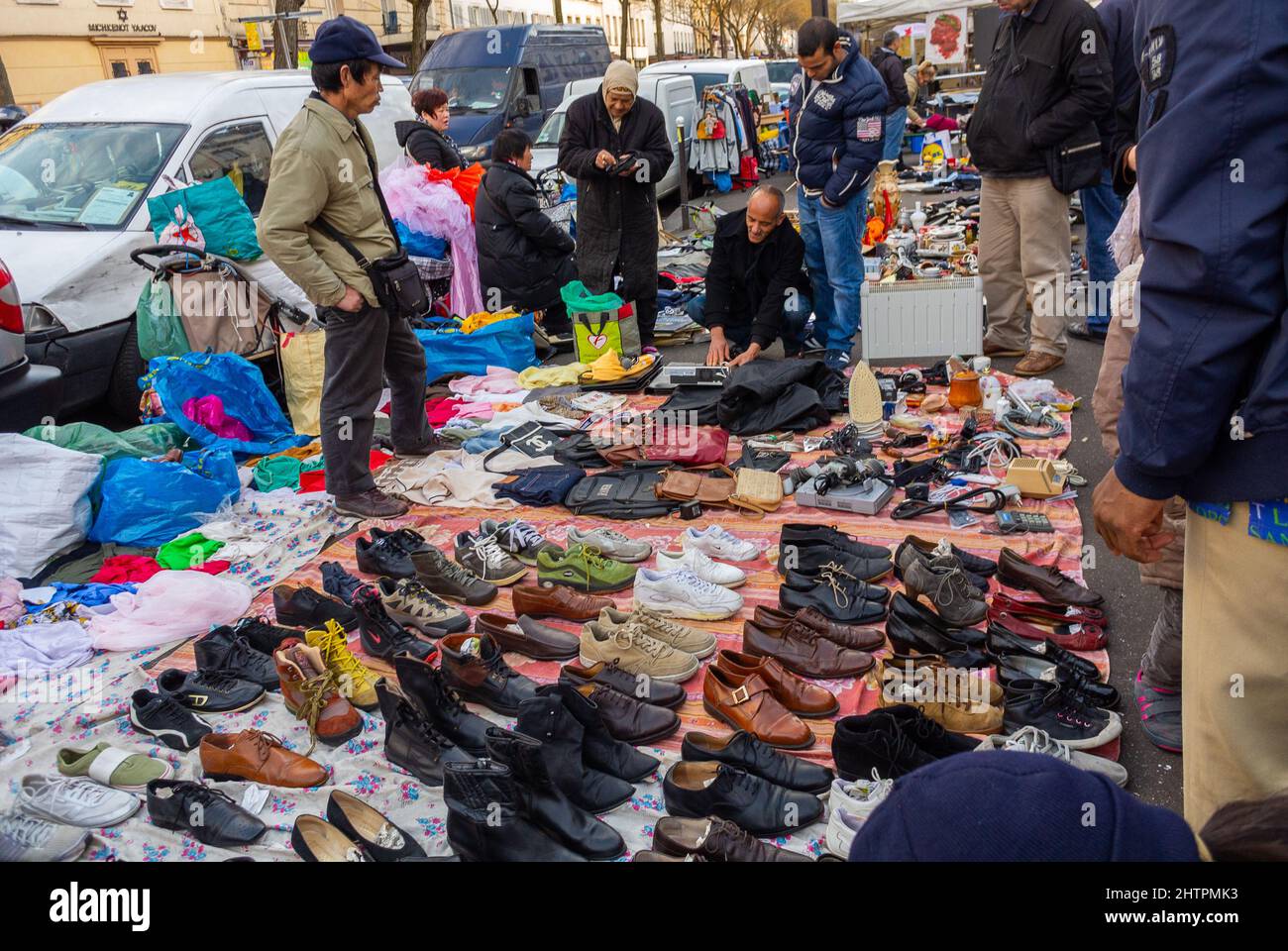 Paris, France, Medium Crowd People Shopping Shoes, Flea Market Street ...