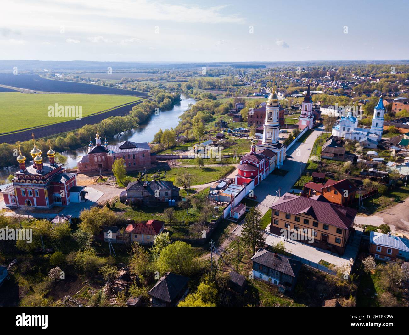 Panoramic aerial view of district of Belev on riverside, Tula region ...