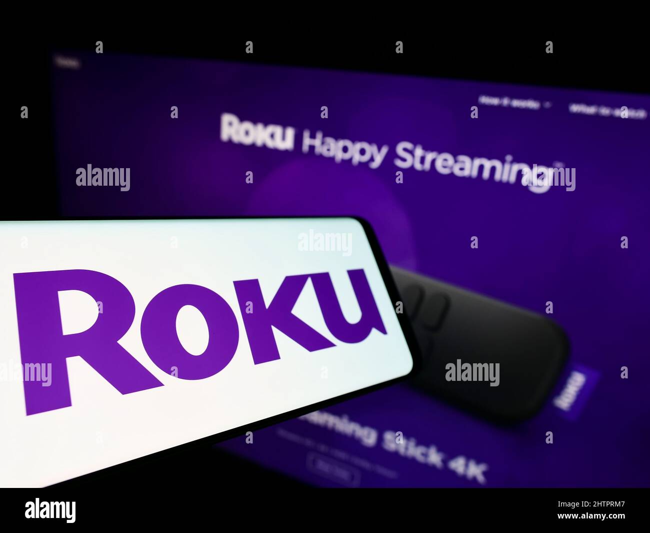 Smartphone with logo of American video streaming company Roku Inc. on ...
