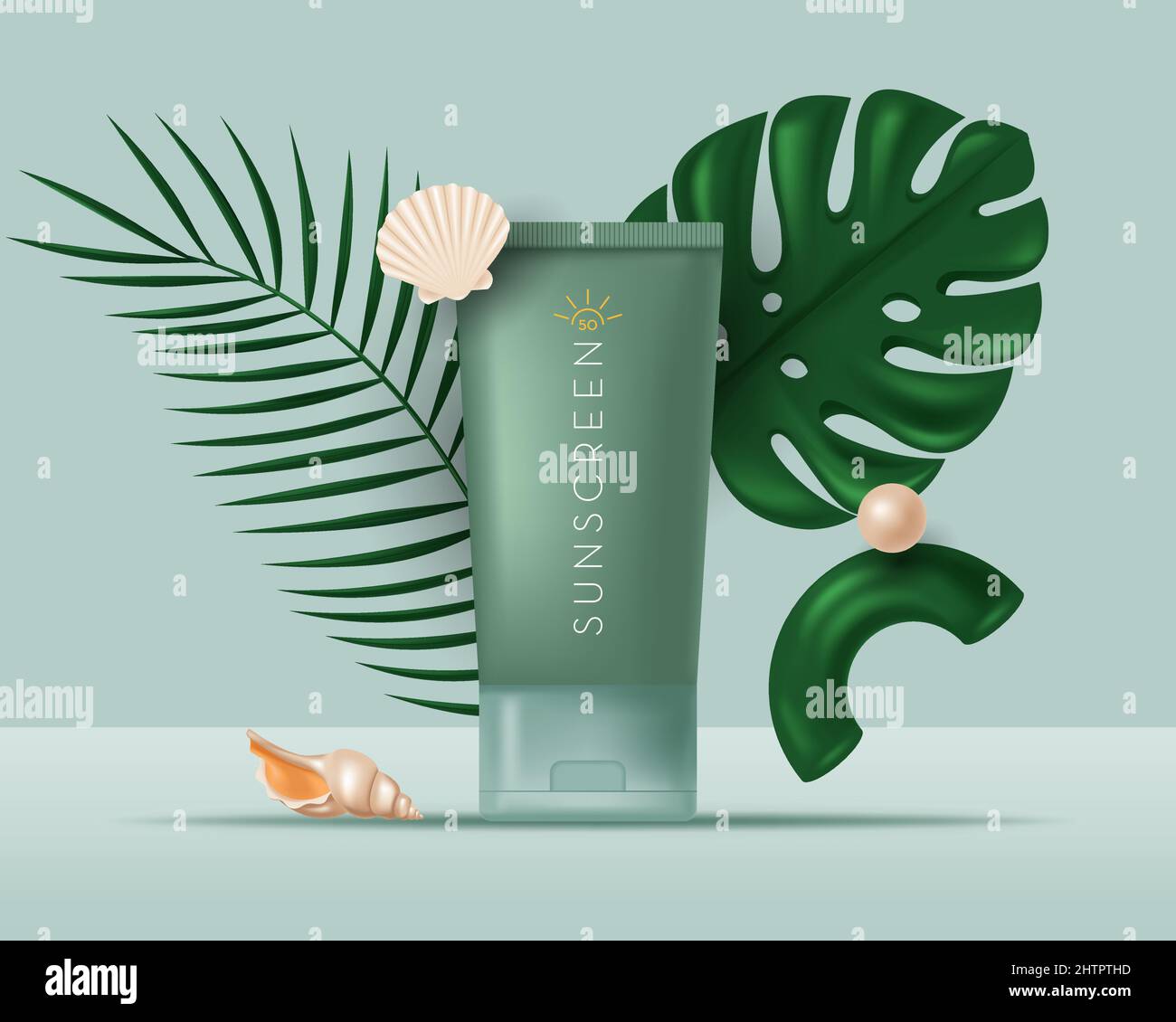 Banner with Summer cosmetic product, tropical leaves, shells. Vector 3D ...