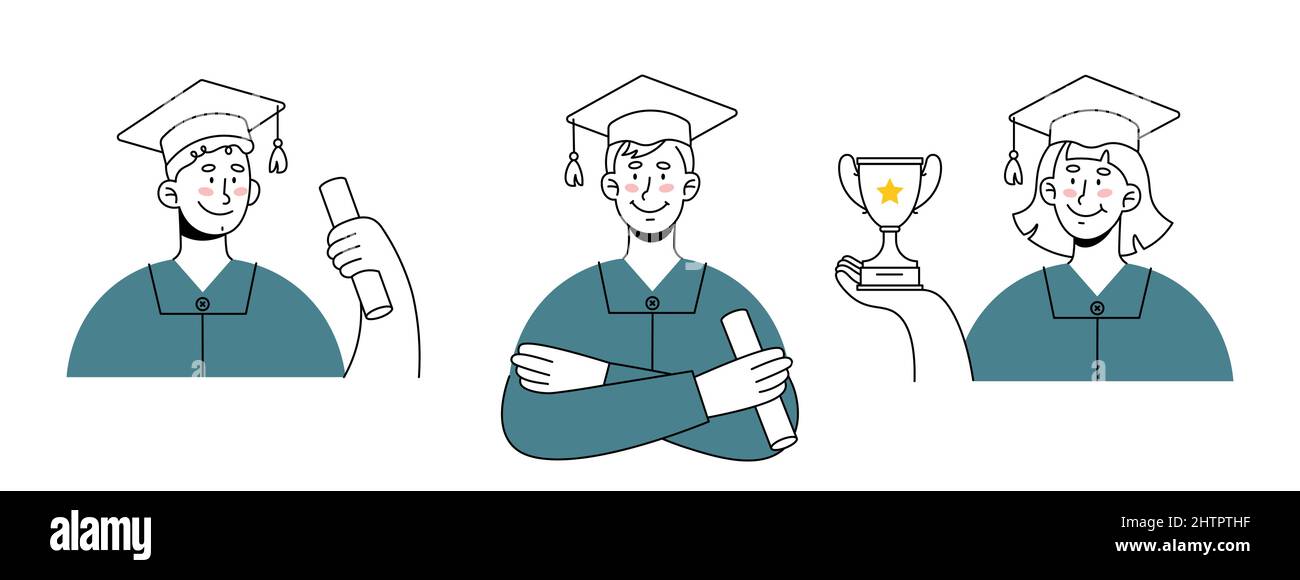 Happy graduate students with diploma and award. Cartoon style. Outline ...