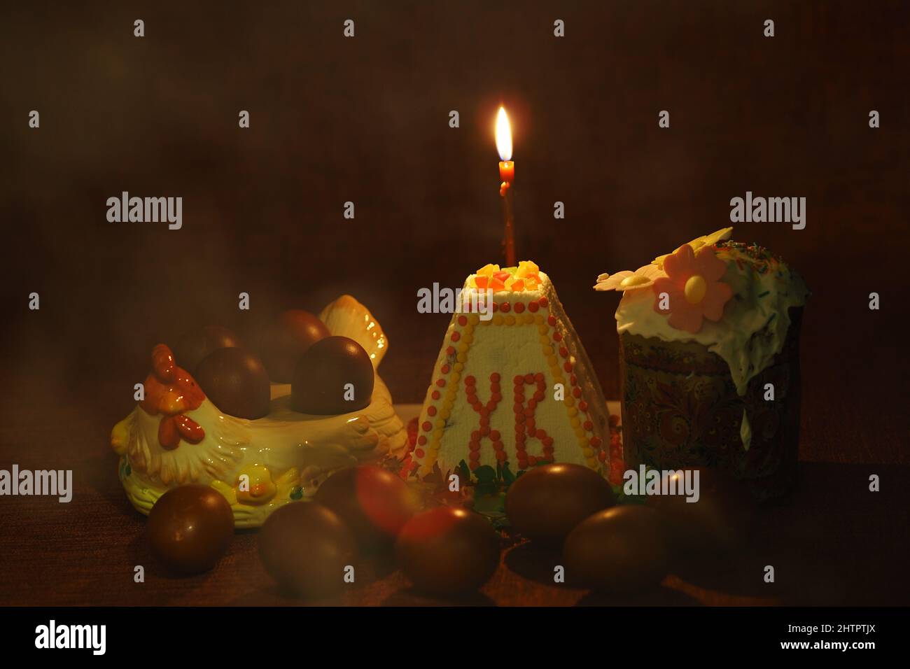Orthodox Easter, painted eggs and Easter cake. Christian traditions ...