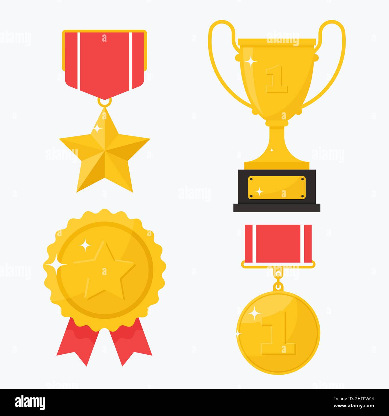 Collection of gold Champions prizes, trophies, awards. Medal, cup and ...