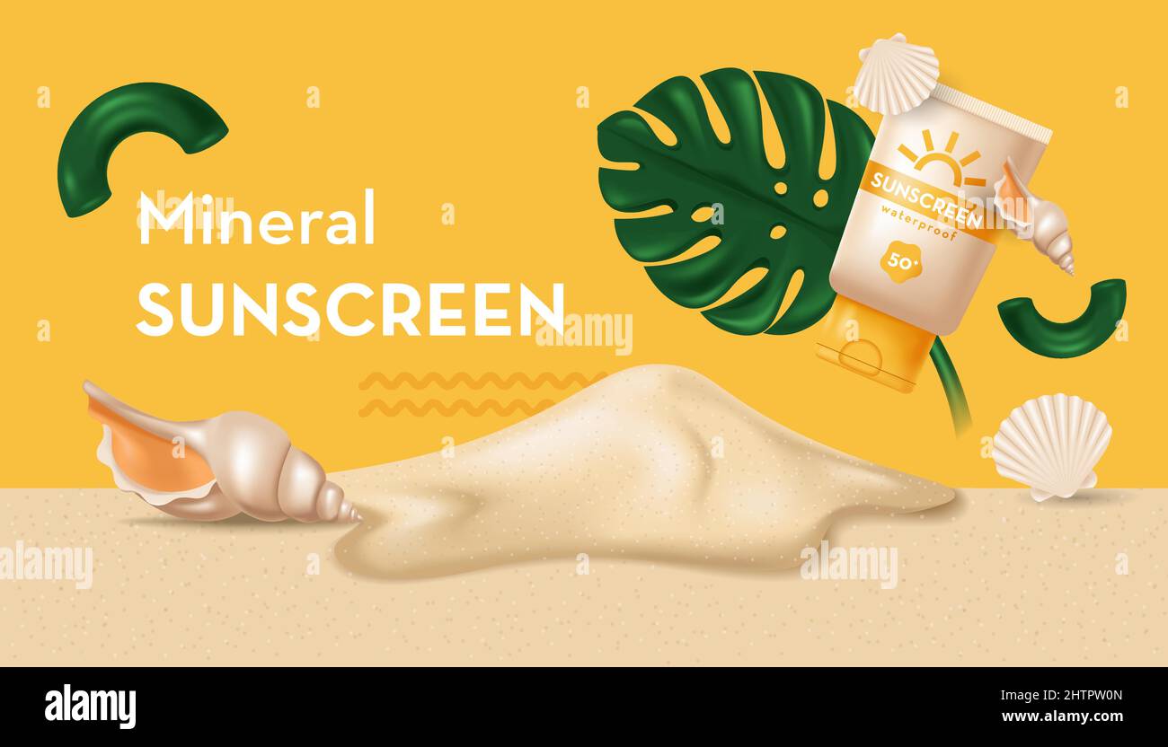 Banner with Summer cosmetic products, sand, monstera leaf, shell ...