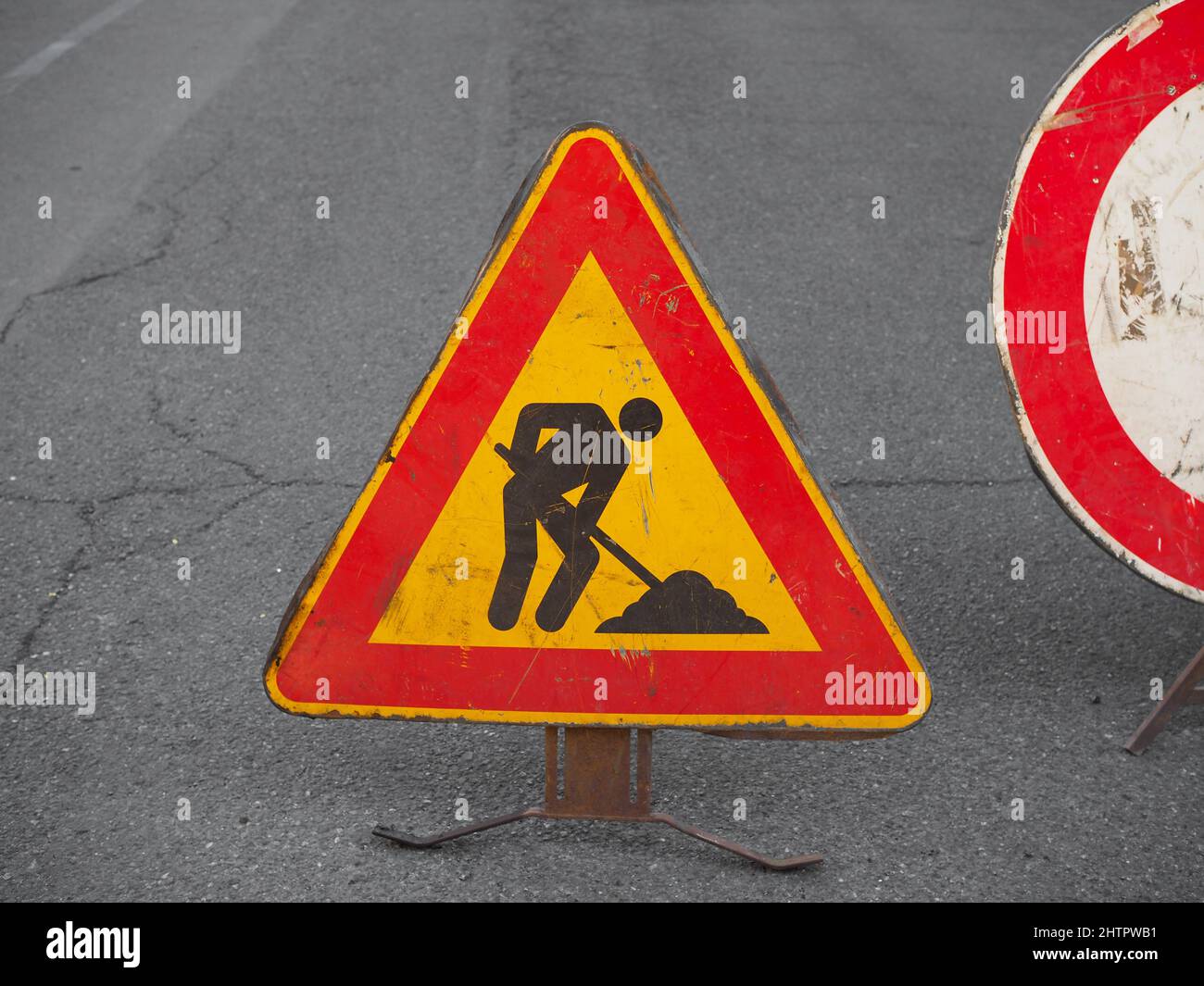 Warning signs, temporary road works traffic sign Stock Photo - Alamy