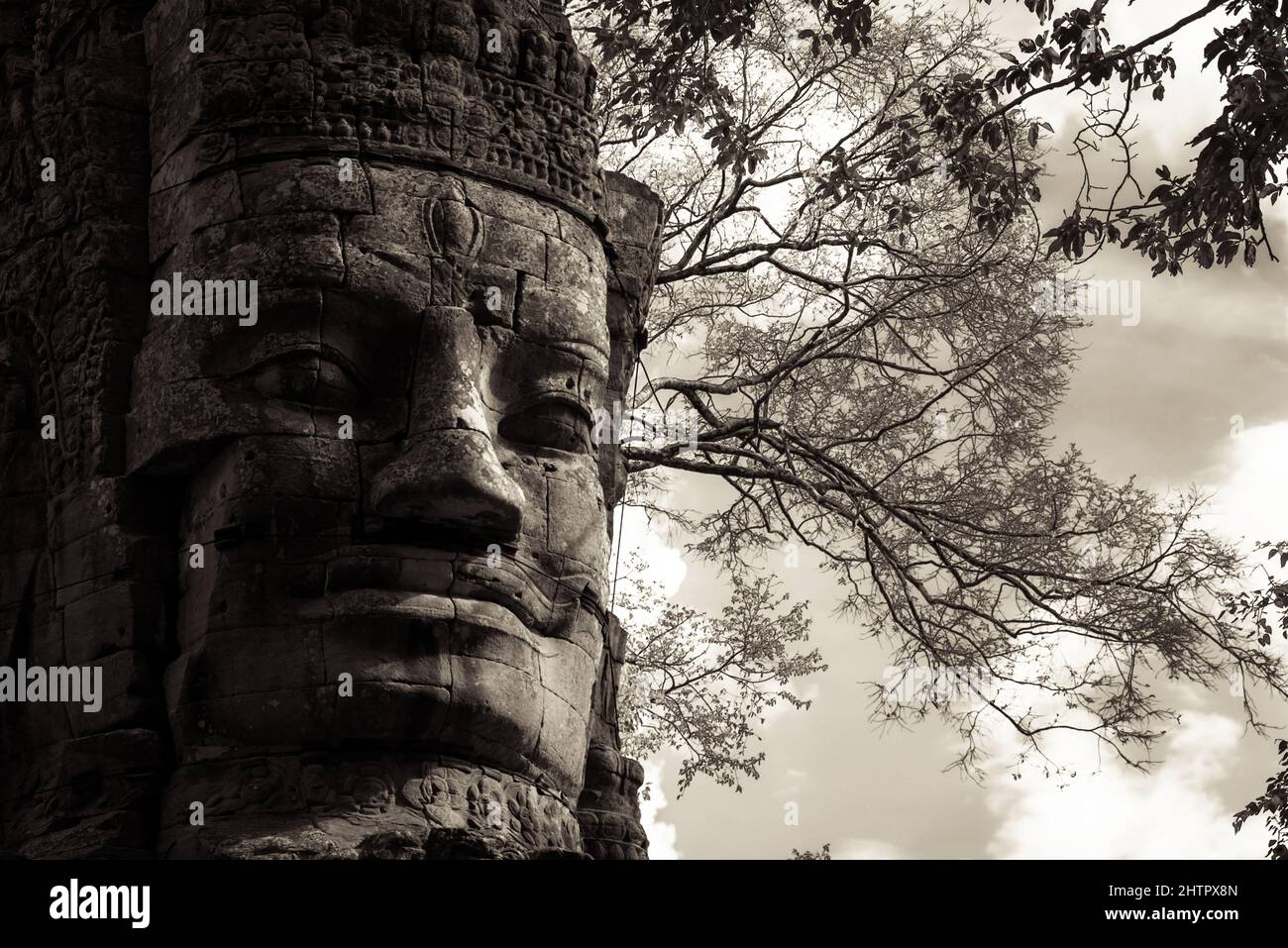 Serene smiling stone Face of Bayon in Angkor Archaeological Park, Krong ...