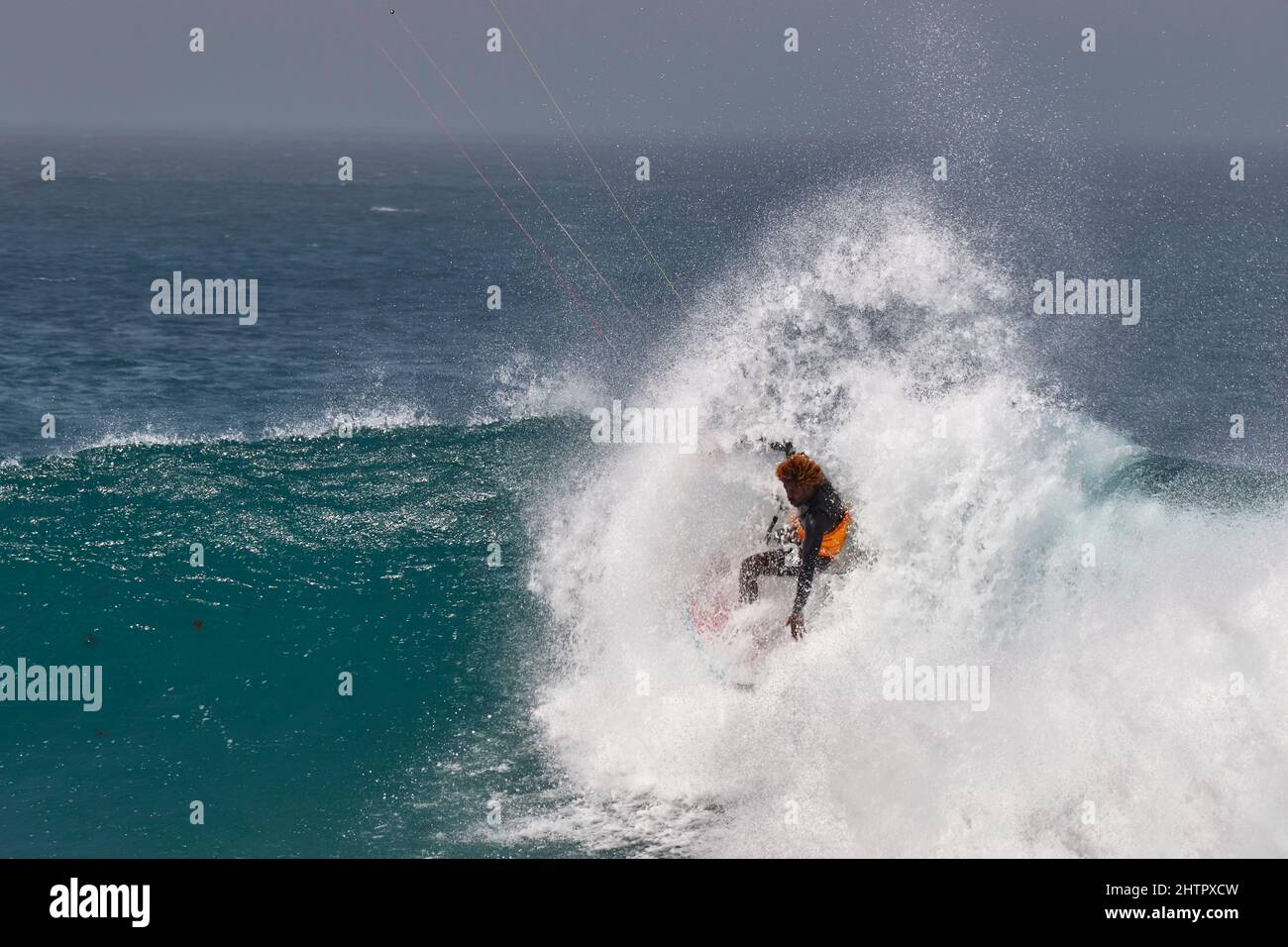 Kite-surfing on Atlantic surf at Ponta Preta, on the southwest coast of ...