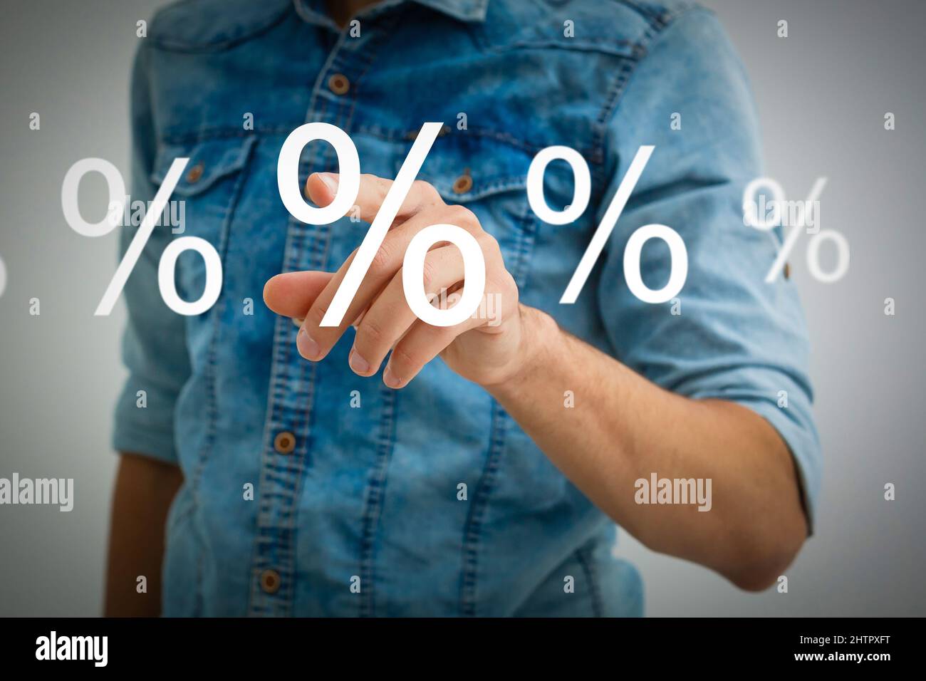 Discount Percentage Sign. Hand Showing Discount Percent Stock Photo - Alamy