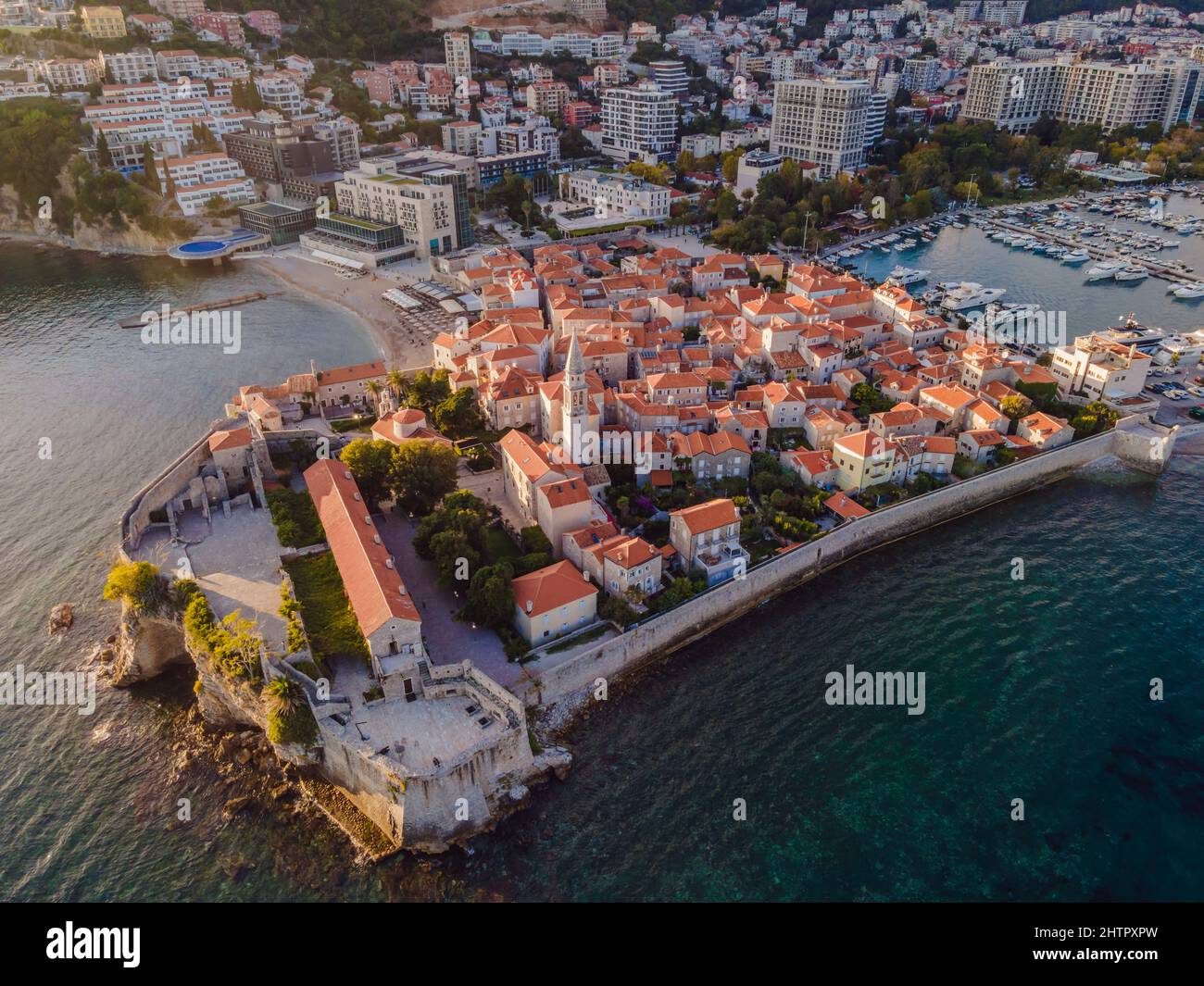 Old town in Budva in a beautiful summer day, Montenegro. Aerial image ...