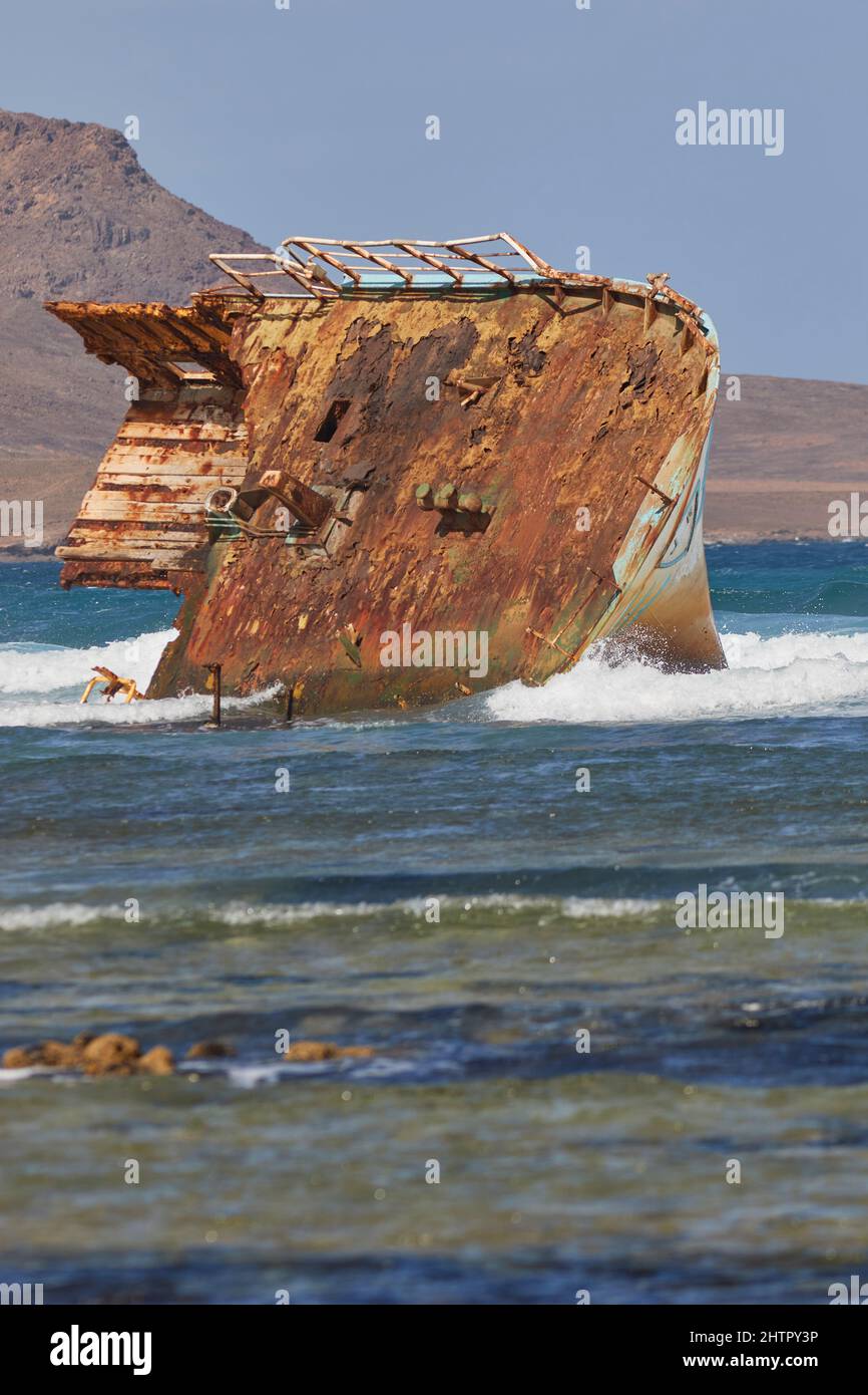 A shipwreck in Baia de Parda, on the east coast of Sal island, Cape ...
