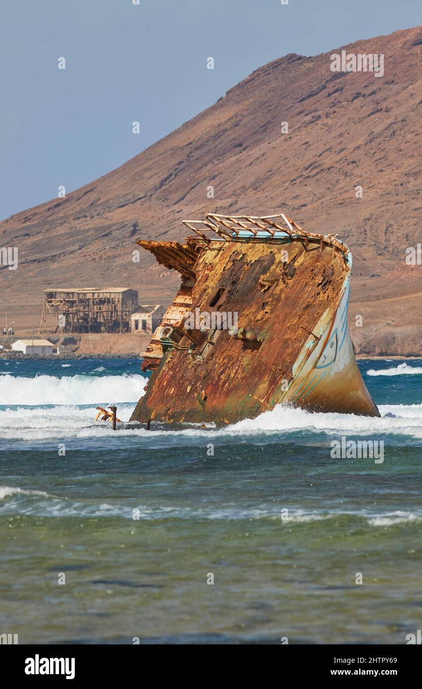 A shipwreck in Baia de Parda, on the east coast of Sal island, Cape ...