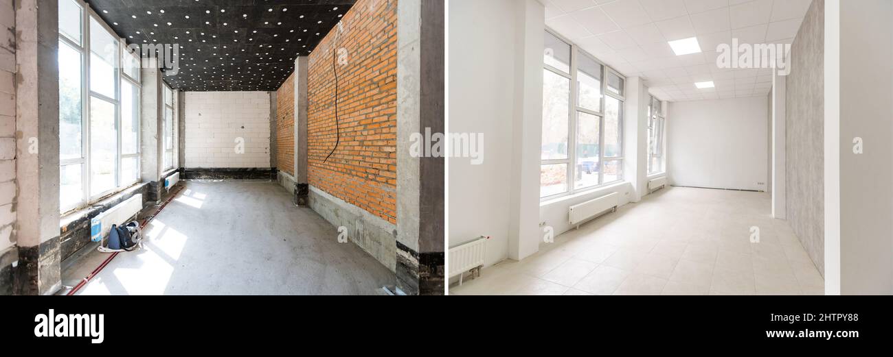 Empty rooms with large window, heating radiators before and after ...