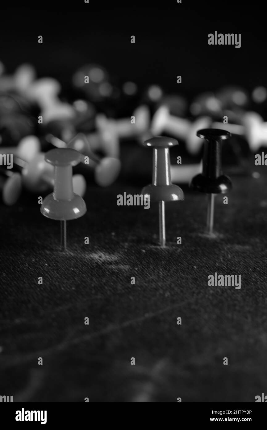 Vertical grayscale closeup of the push pins Stock Photo - Alamy