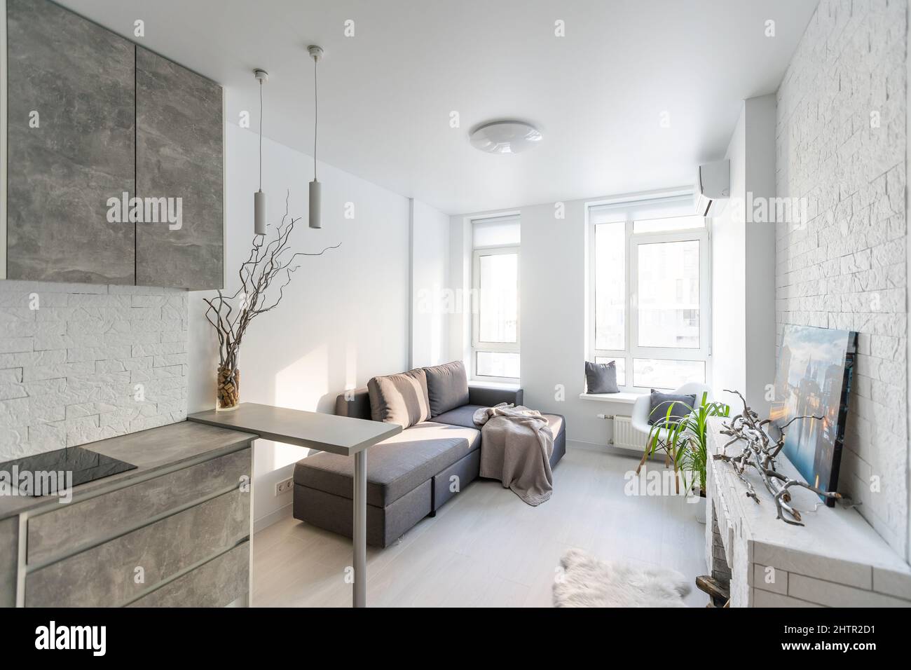 Stylish designed studio apartment with kitchen open to living room and ...