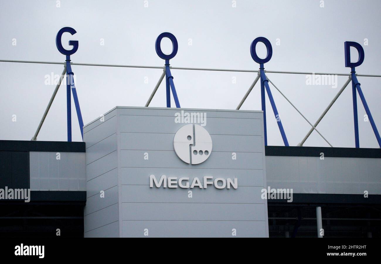 MegaFon branding is seen on the Park Road Stand at Goodison Park ...