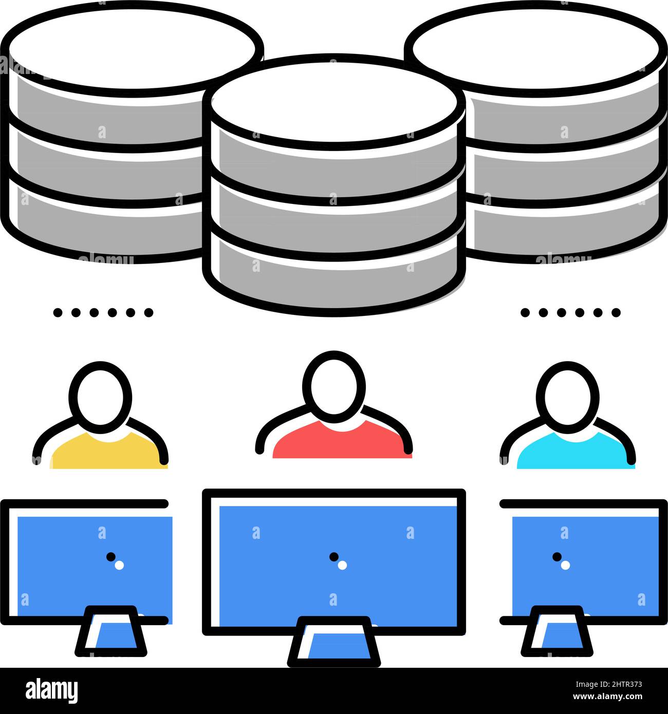 team working at computers digital processing color icon vector ...