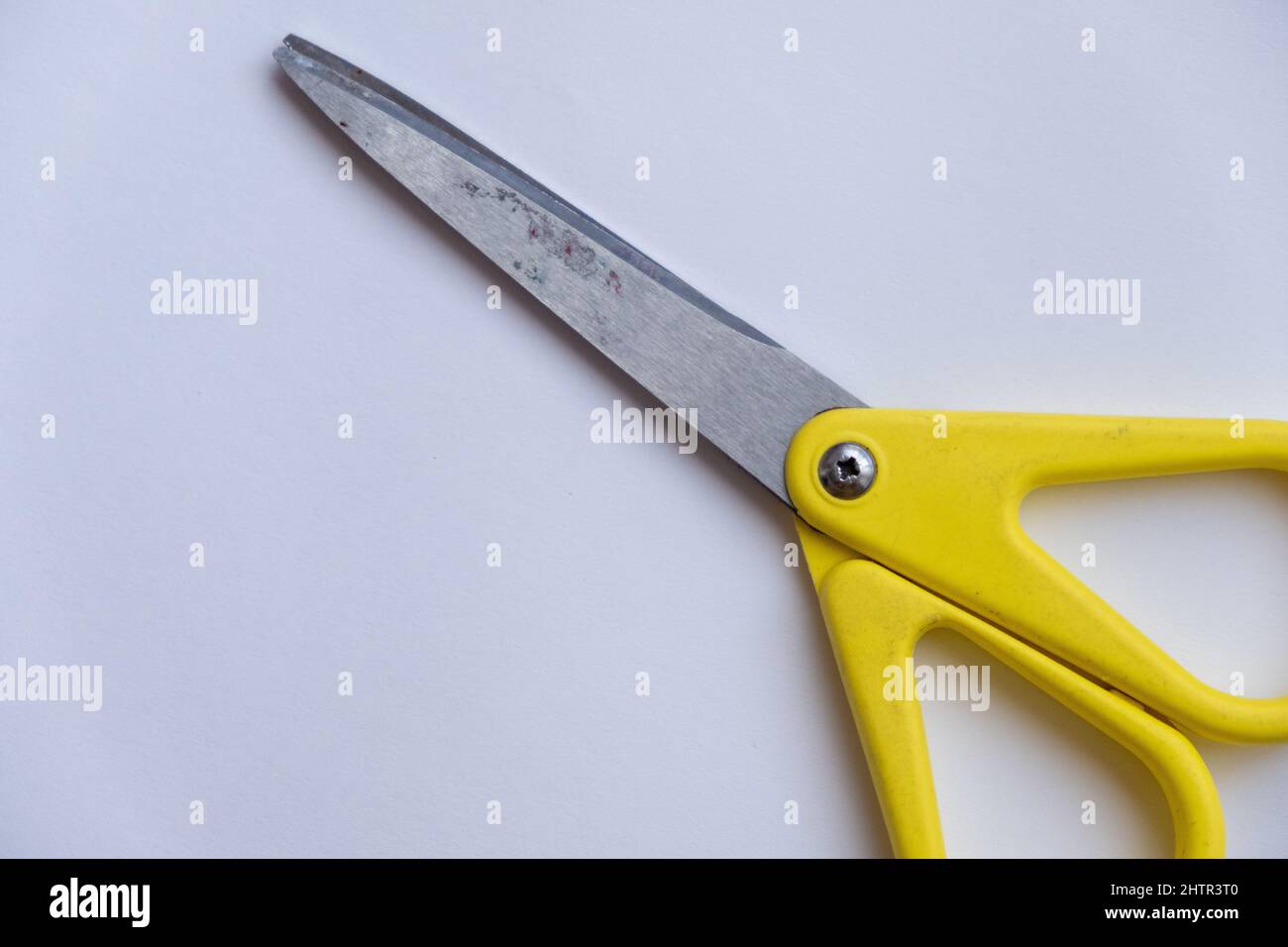 scissors with yellow grip on white background Stock Photo - Alamy