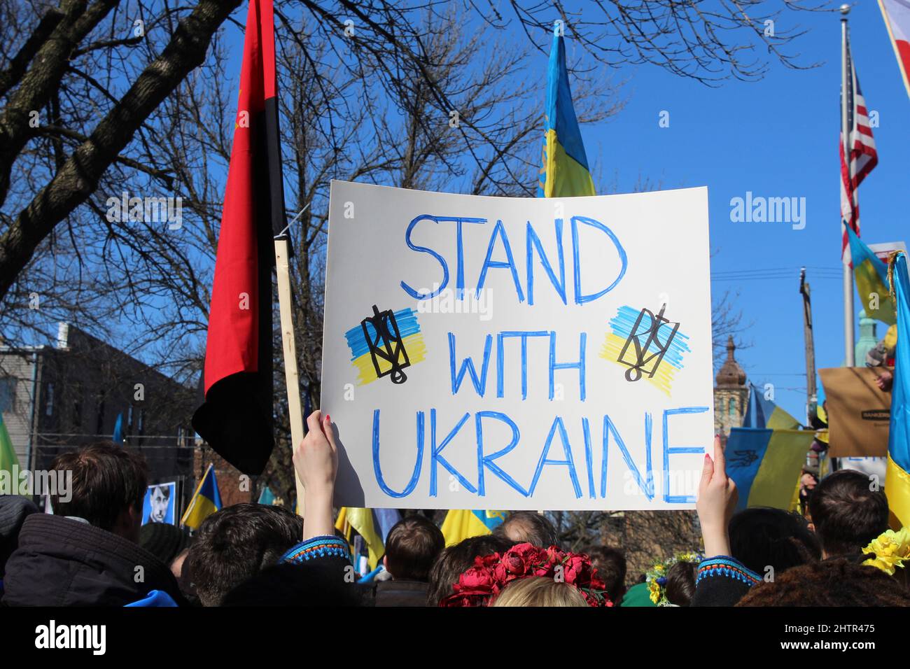 Stand With Ukraine protest sign at Ukrainian Village in Chicag Stock ...