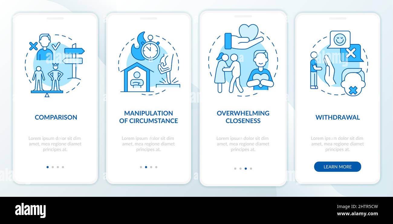 Psychological manipulation signs blue onboarding mobile app screen ...