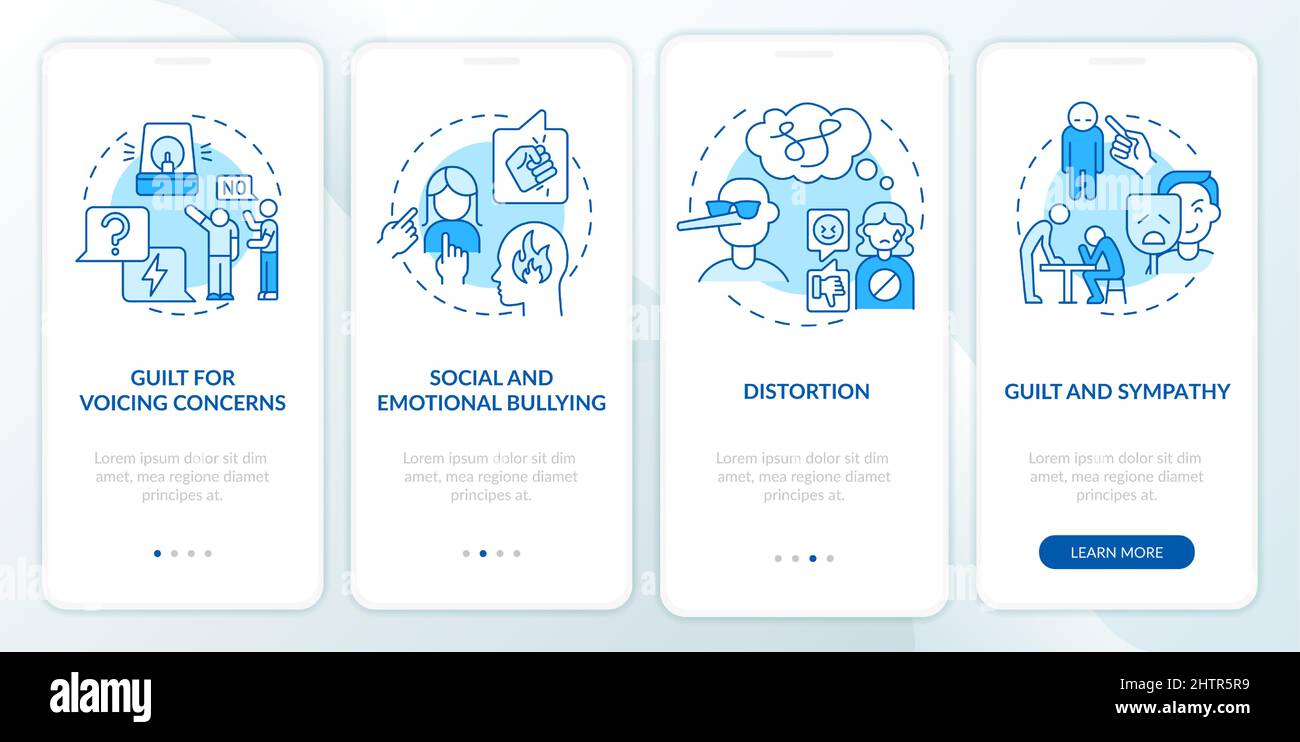 Emotional manipulation tactics blue onboarding mobile app screen Stock ...