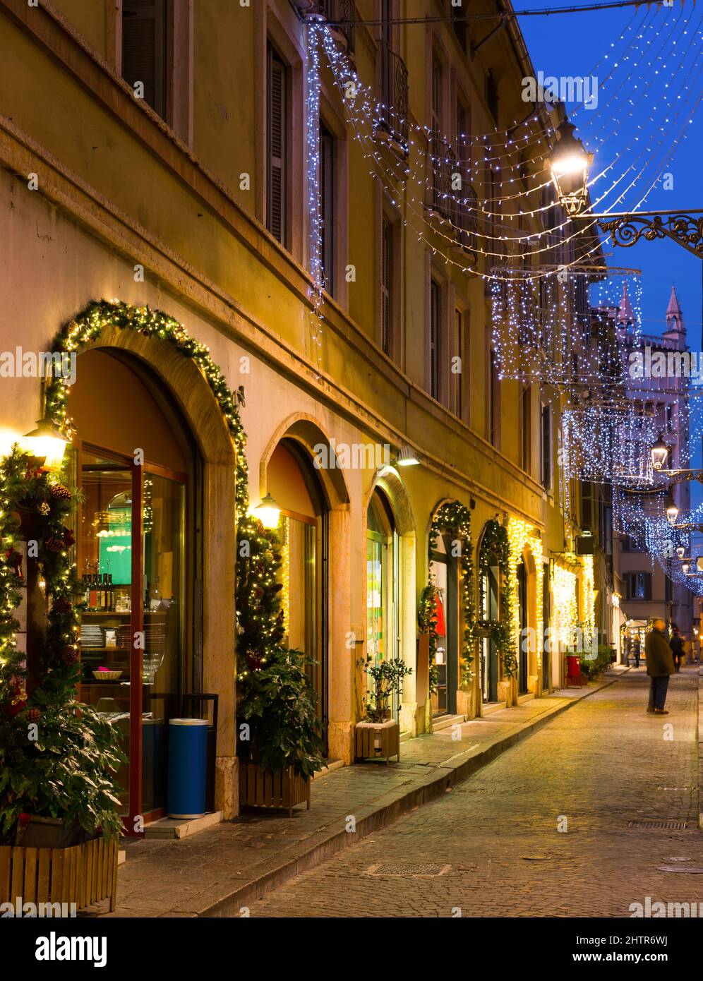 Streets of night Parma with Christmas illumination in Italy Stock Photo ...