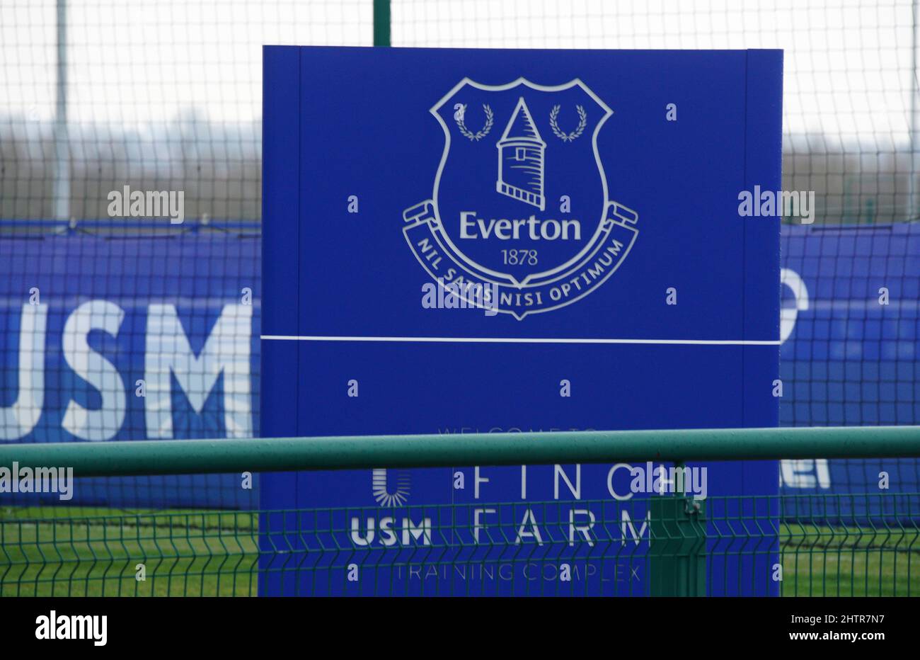 USM branding is seen at Finch Farm training ground, Liverpool. Everton ...