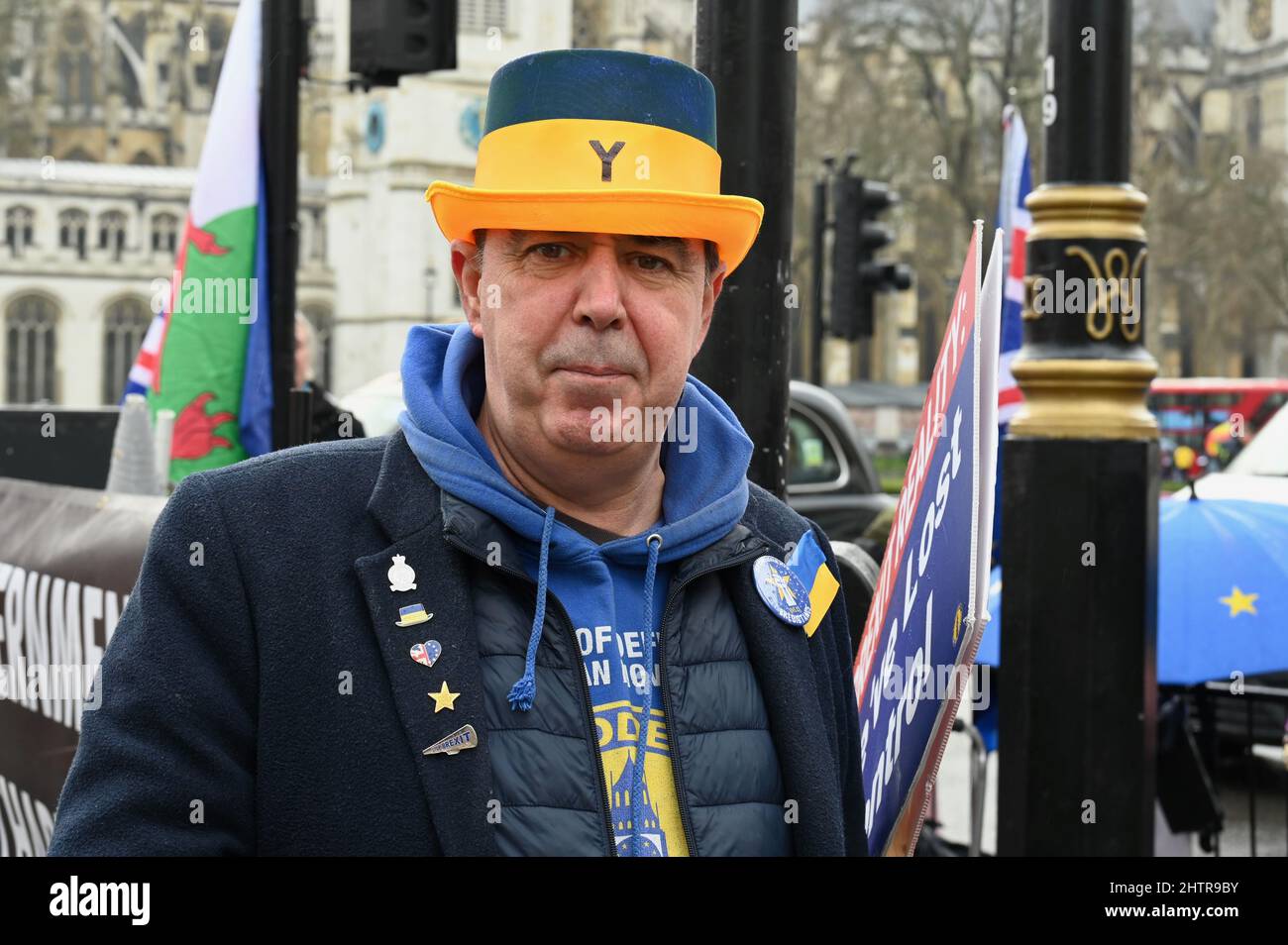London, UK. 2nd March 2022. Steve Bray wears a hat in Ukraine colours ...