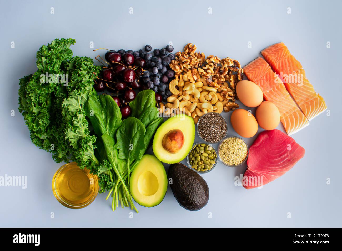 Overhead View of Fresh Omega-3 Rich Foods: A variety of healthy foods ...