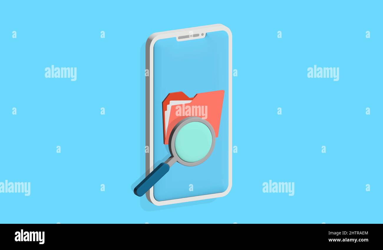 Mobile scan or inspection of file folder documents on smartphone. 3d ...
