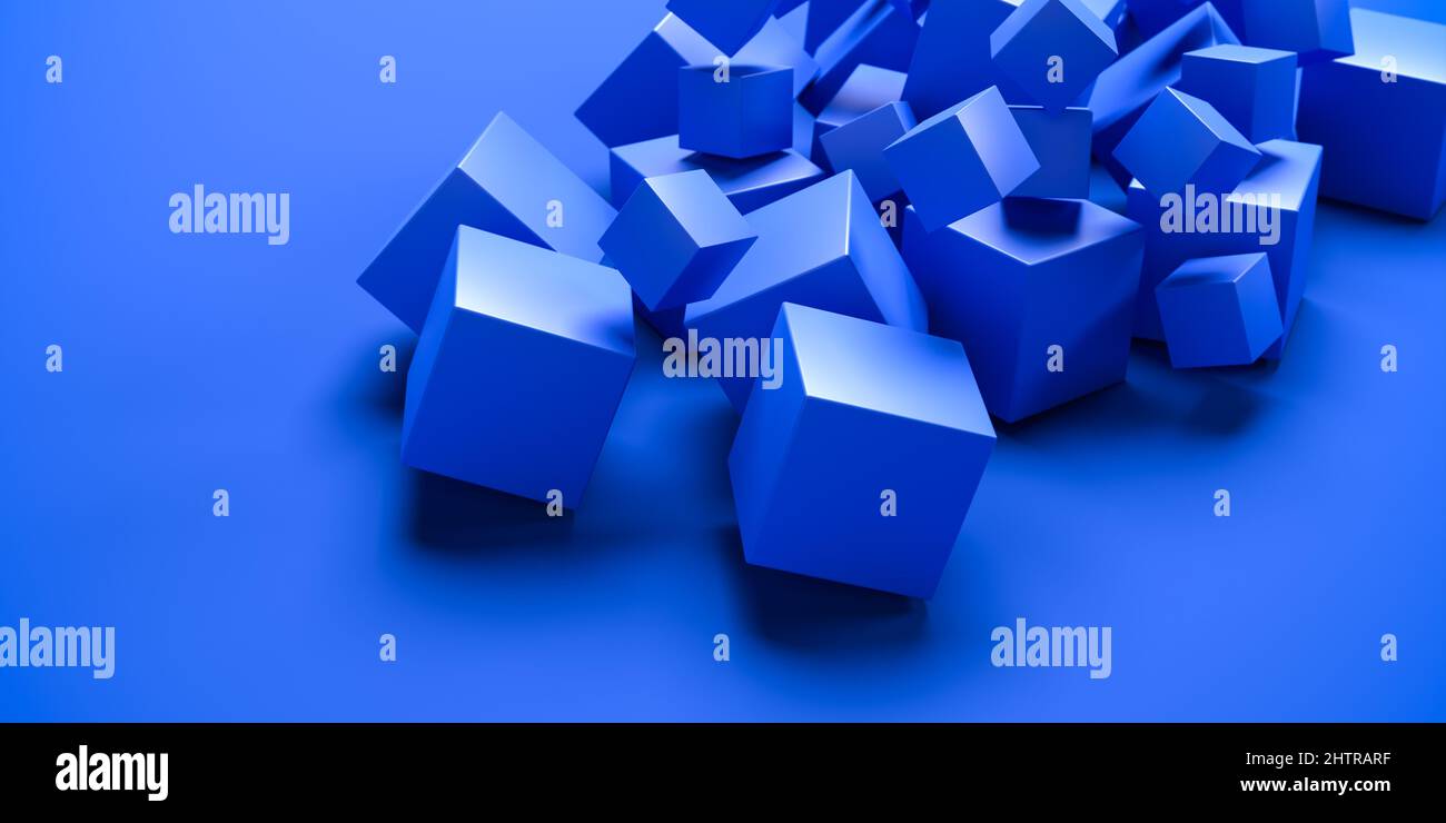 Abstract image of differently sized blue cubes falling onto a blue ...