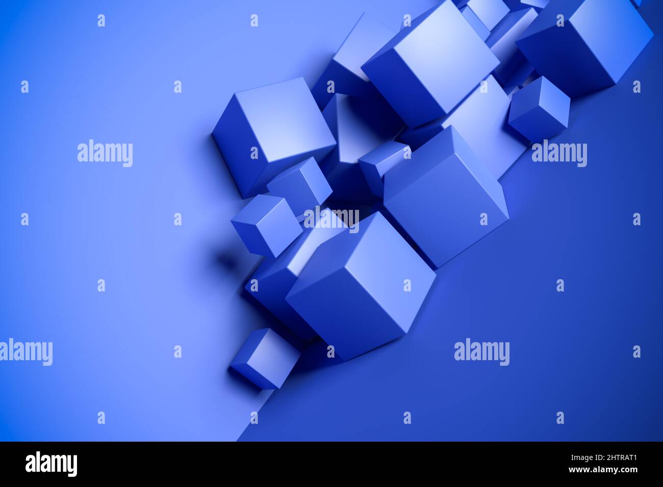 Abstract image of differently sized blue cubes rumbling down a angled ...