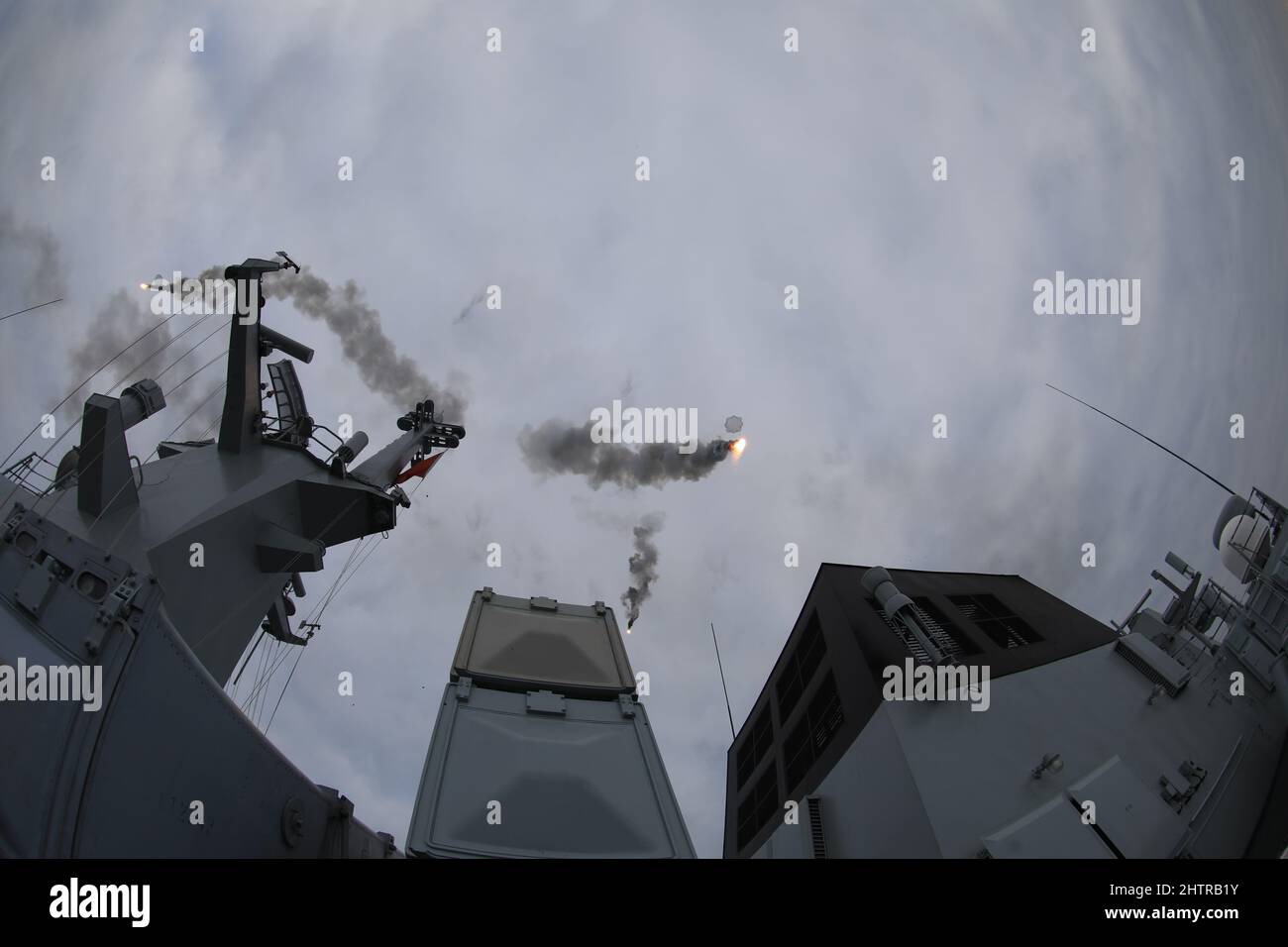 Directly hit the wonderful moment of naval combat training at sea Stock ...