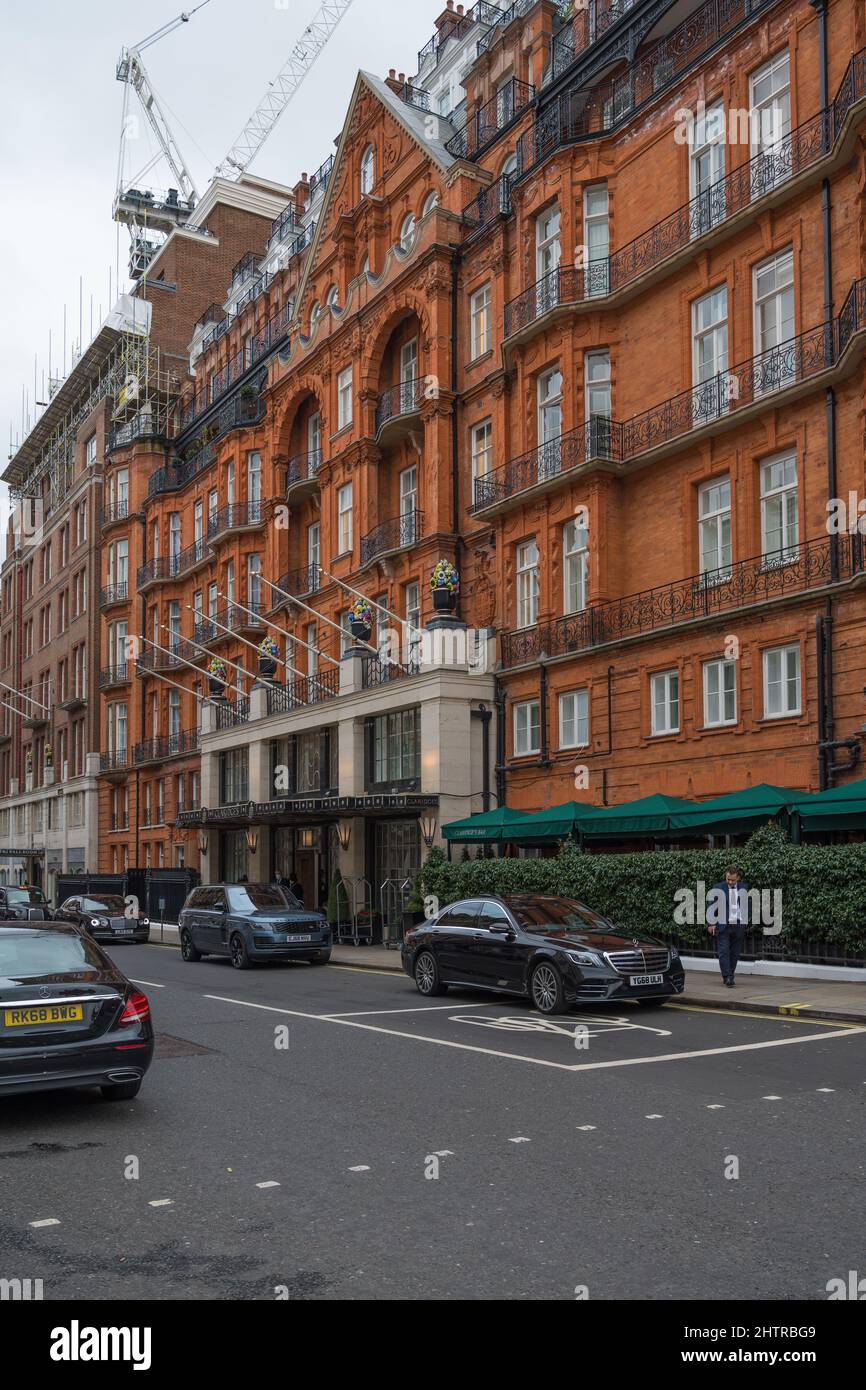 Exterior view of the main entrance of Claridges, a luxury 5 star hotel ...