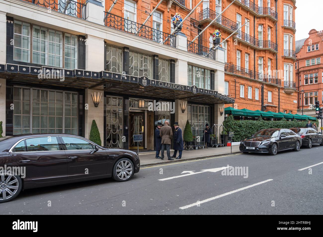 Exterior view of the main entrance of Claridges, a luxury 5 star hotel ...